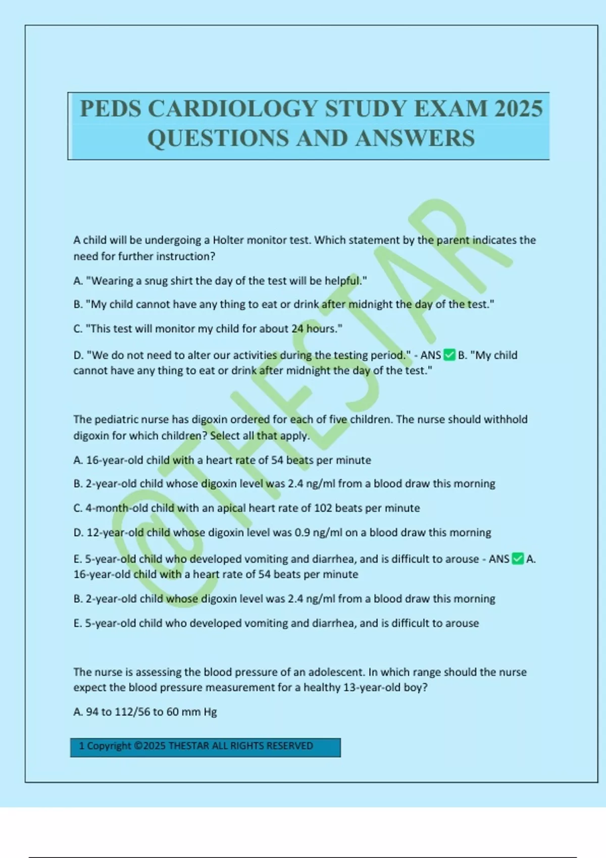PEDS CARDIOLOGY STUDY EXAM 2025 QUESTIONS AND ANSWERS - CARDIOLOGY ...
