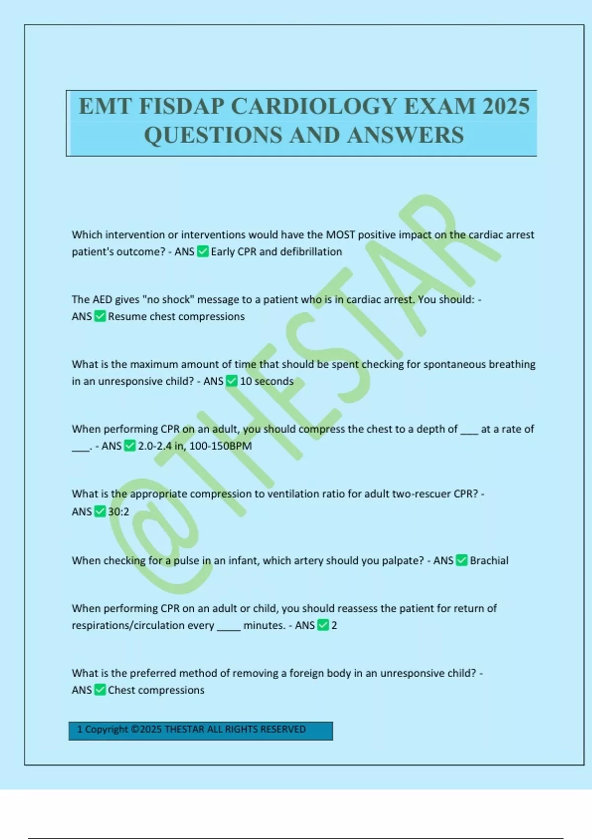 EMT FISDAP CARDIOLOGY EXAM 2025 QUESTIONS AND ANSWERS - CARDIOLOGY ...