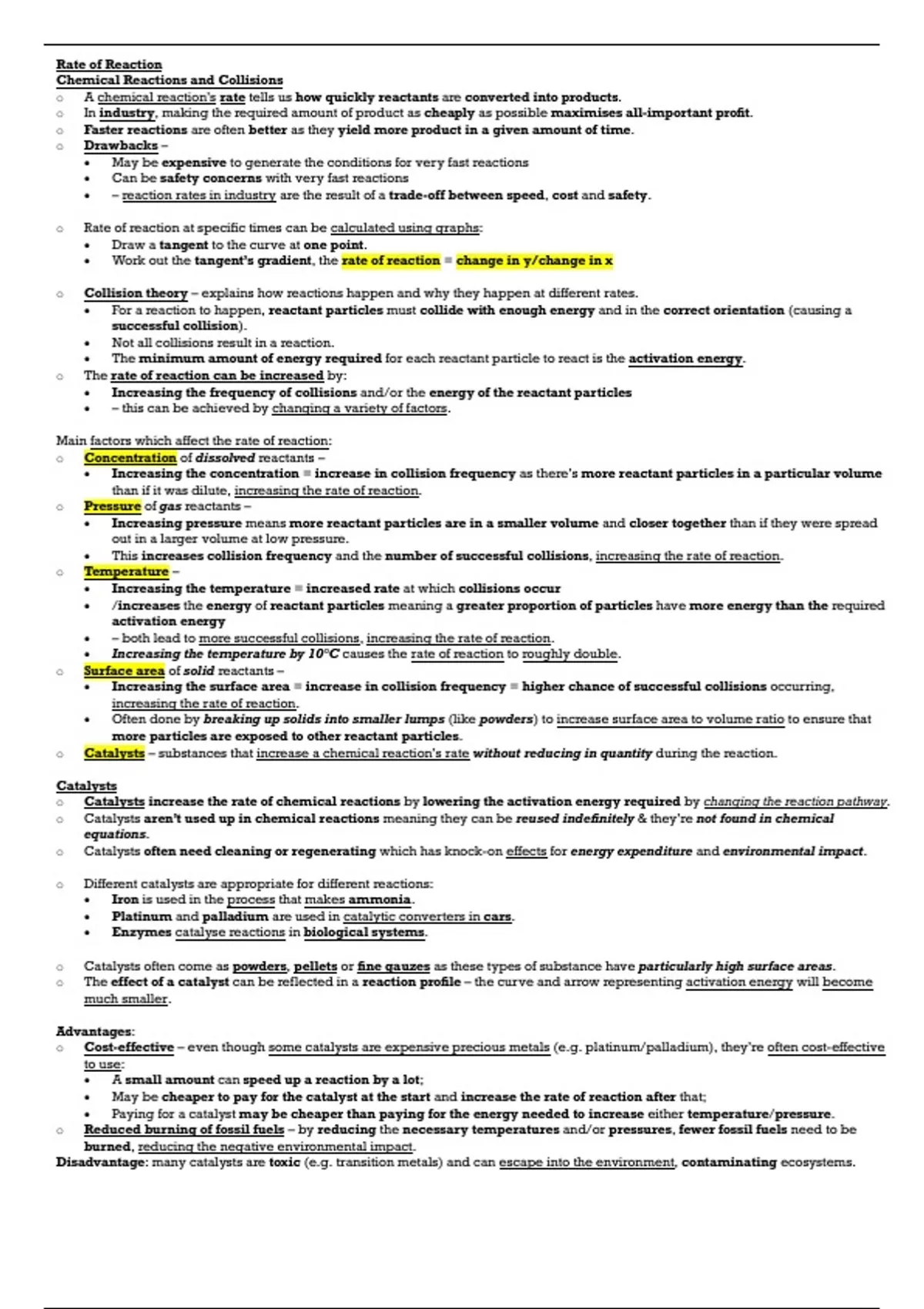 Summary AQA GCSE Chemistry Unit 6: Rate and Extent of Chemical Change ...