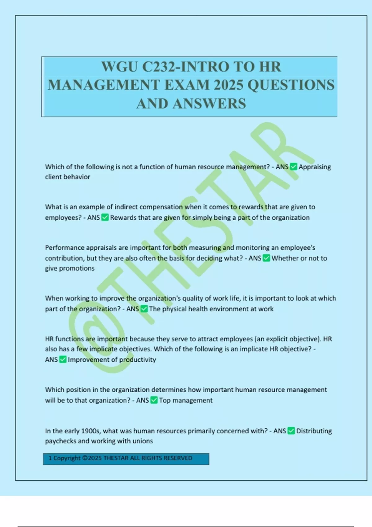 WGU C232-INTRO TO HR MANAGEMENT EXAM 2025 QUESTIONS AND ANSWERS - WGU C232 - Stuvia US
