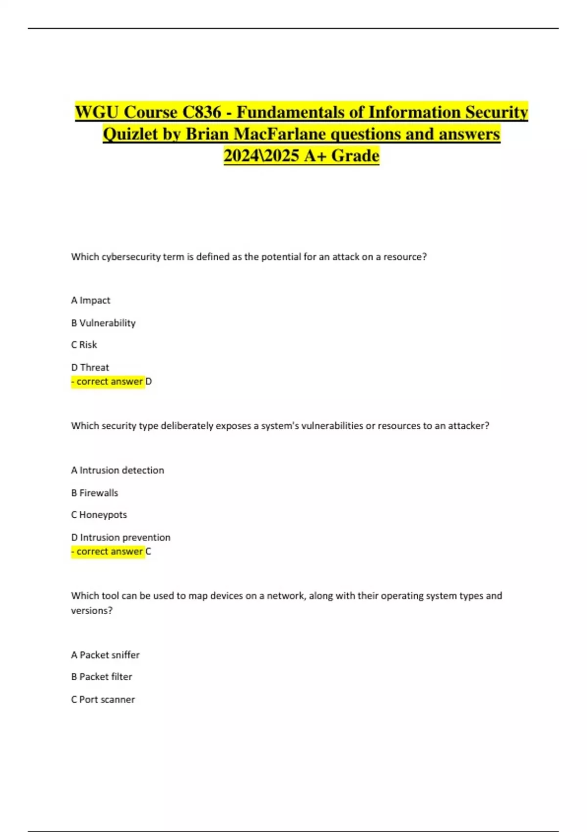 Wgu Course C836 Fundamentals Of Information Security Quizlet By Brian Macfarlane Questions
