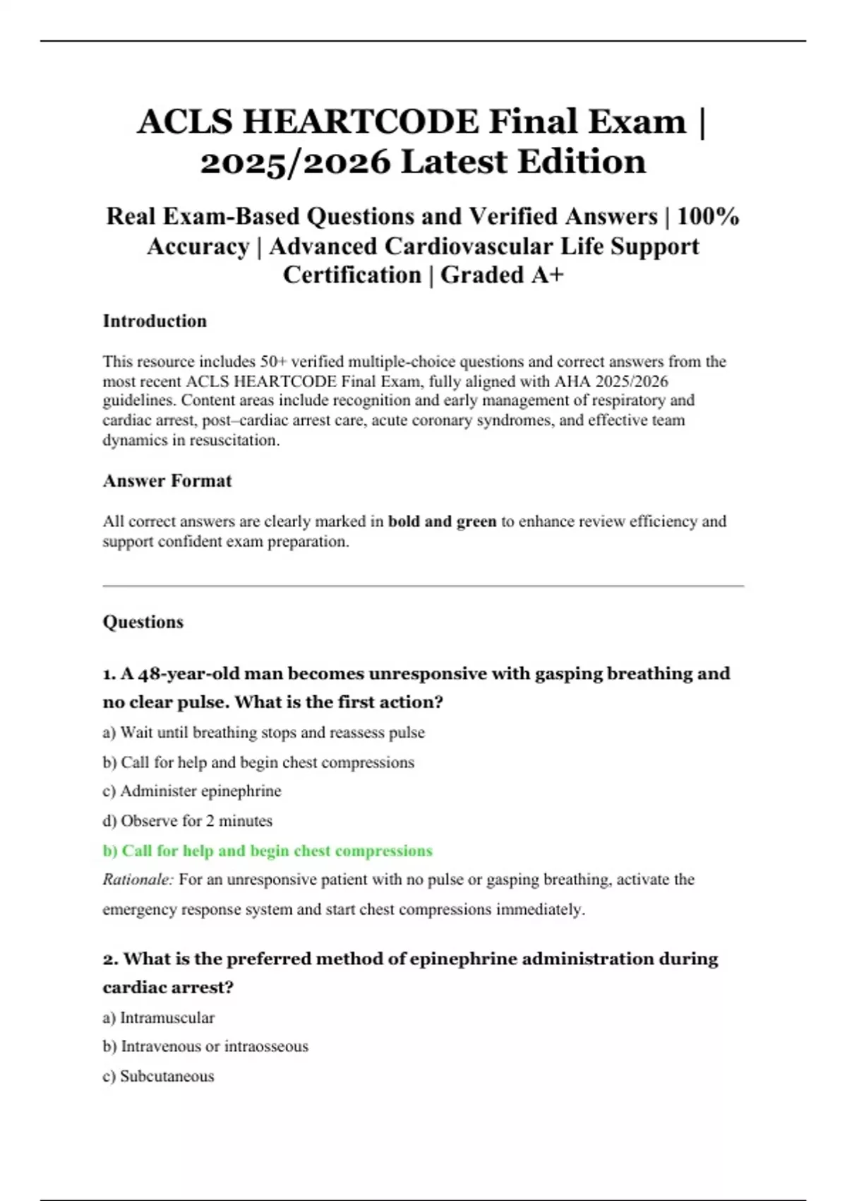 ACLS HEARTCODE Final Exam | 2025/2026 Latest Edition | Real Exam-Based ...