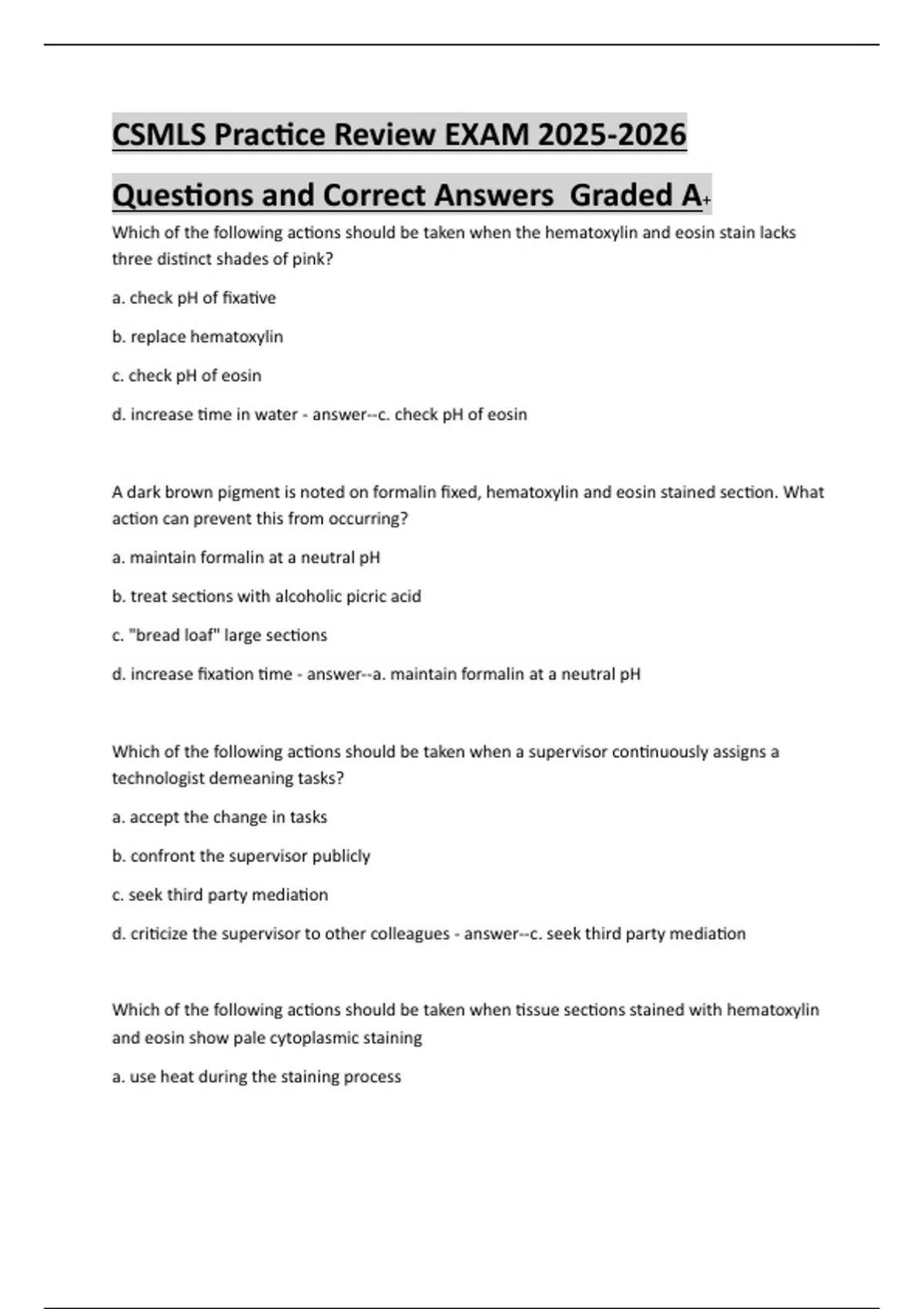 CSMLS Practice Review EXAM Questions and Correct Answers Graded A+ ...