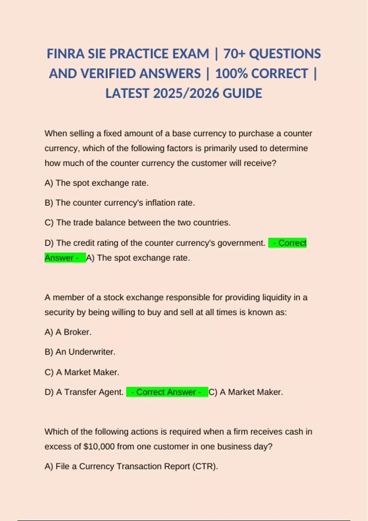 FINRA SIE PRACTICE EXAM | 70+ QUESTIONS AND VERIFIED ANSWERS | 100% ...