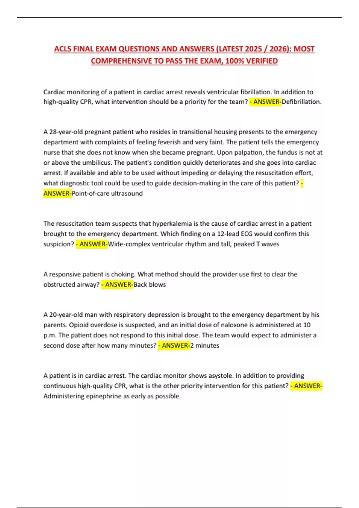ACLS FINAL EXAM QUESTIONS AND ANSWERS (LATEST 2025 / 2026): MOST ...