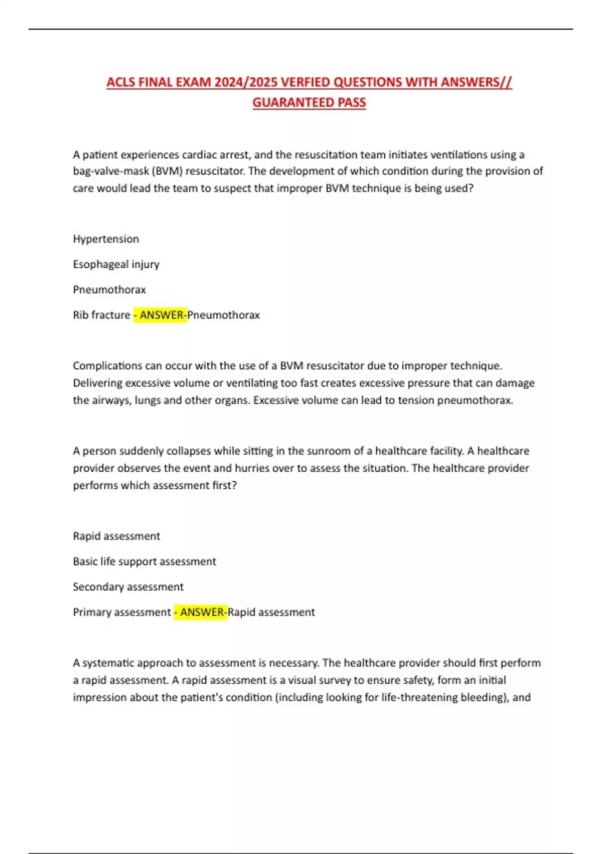 ACLS FINAL EXAM 2024/2025 VERFIED QUESTIONS WITH ANSWERS// GUARANTEED ...