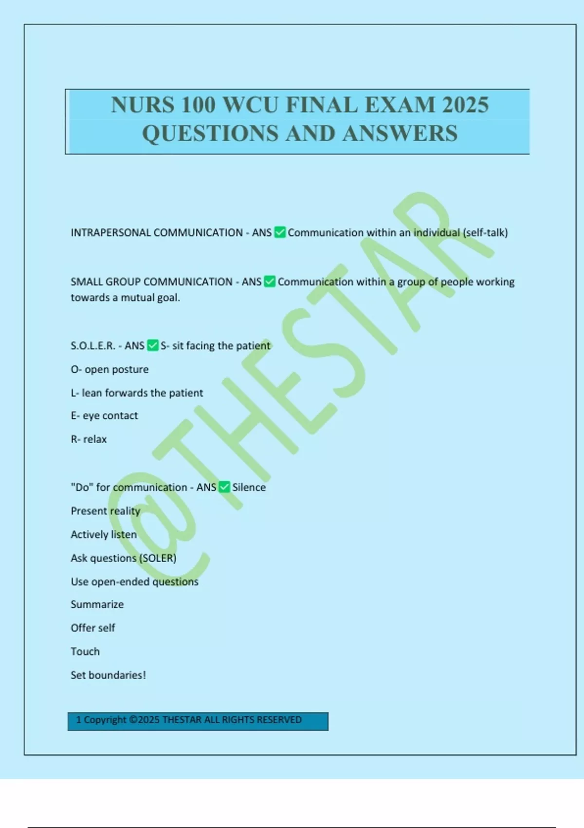 NURS 100 WCU FINAL EXAM 2025 QUESTIONS AND ANSWERS - NURS 100 - Stuvia US