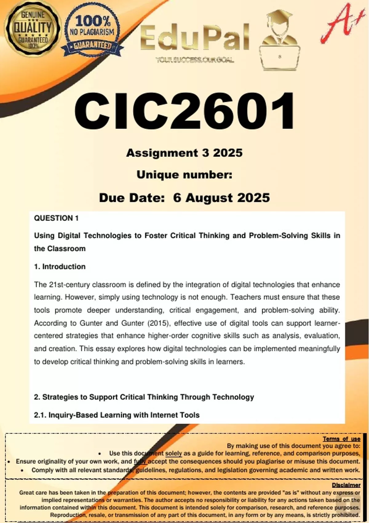 CIC2601 Assignment 3 (COMPLETE ANSWERS) 2025 - DUE 6 August 2025 - Computer Integration in the ...