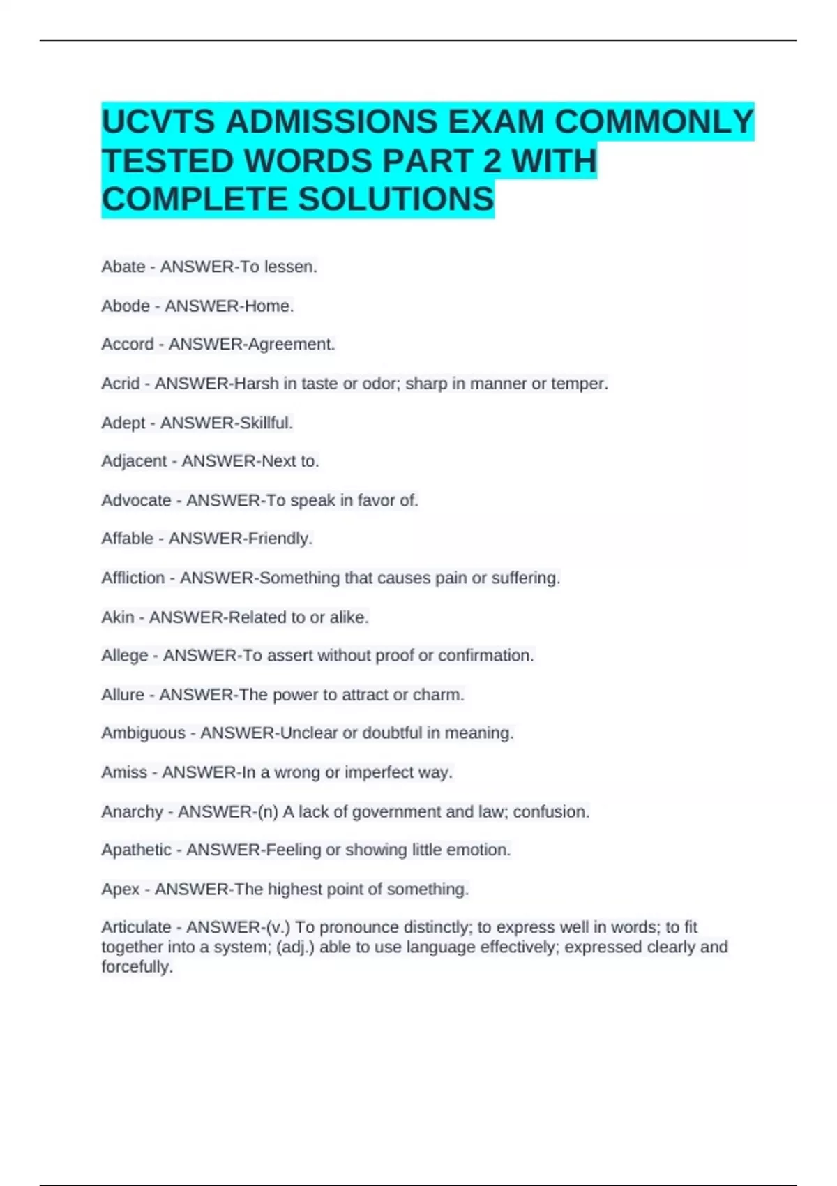 UCVTS ADMISSIONS EXAM COMMONLY TESTED WORDS PART 2 WITH COMPLETE ...
