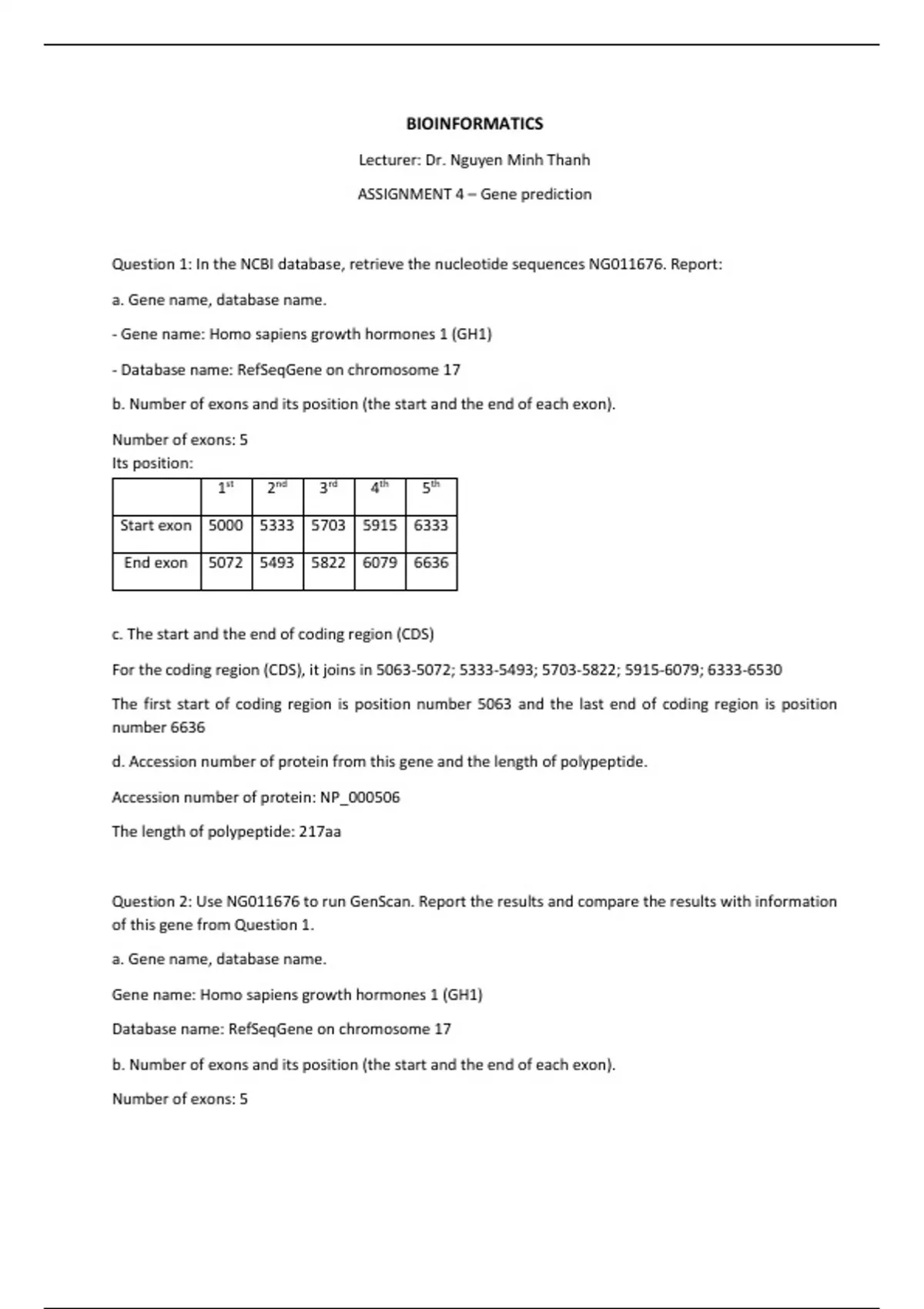 BIOINFORMATICS Assignment 4 – Gene Prediction by Dr. Nguyen Minh Thanh ...