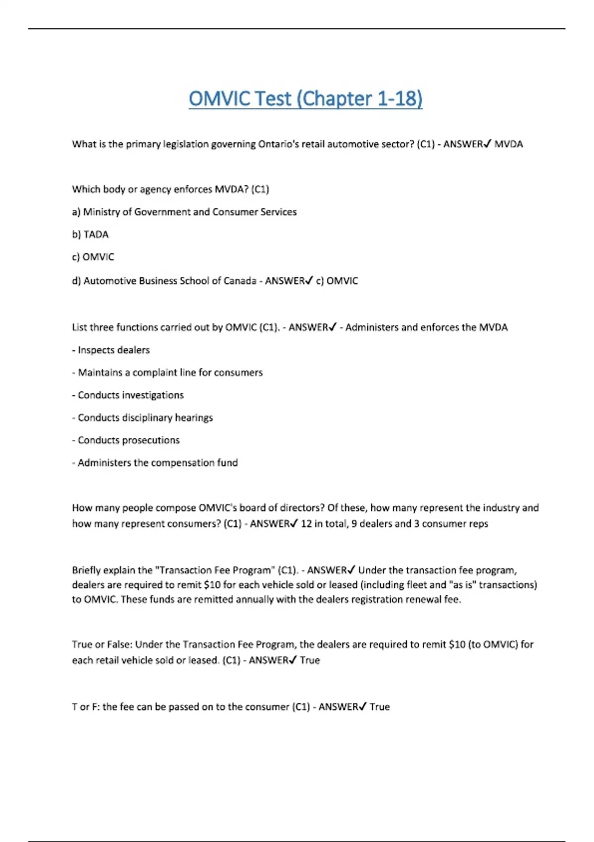 OMVIC Test QUESTIONS & CORRECT ANSWERS 2025/ 2026 (100% COMPLETE ...