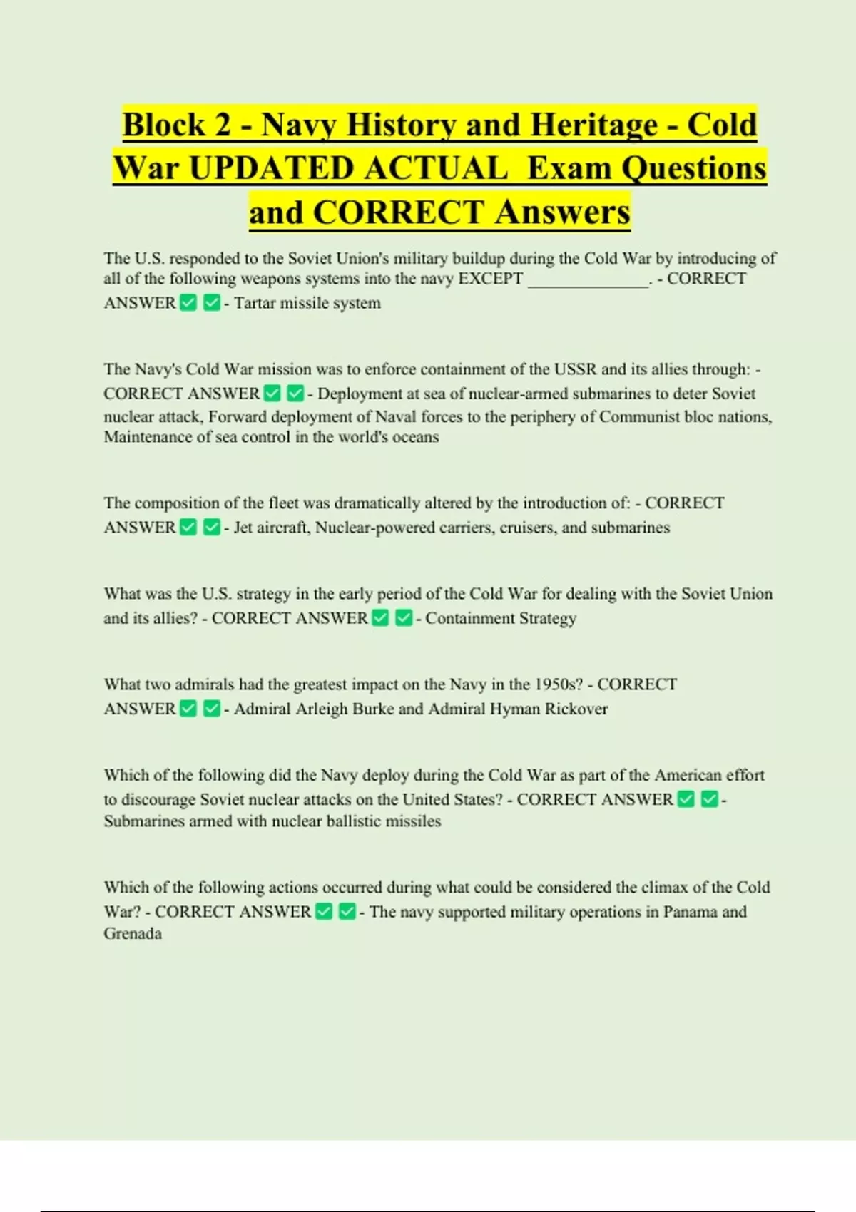Block 2 - Navy History and Heritage - Cold War UPDATED ACTUAL Exam ...