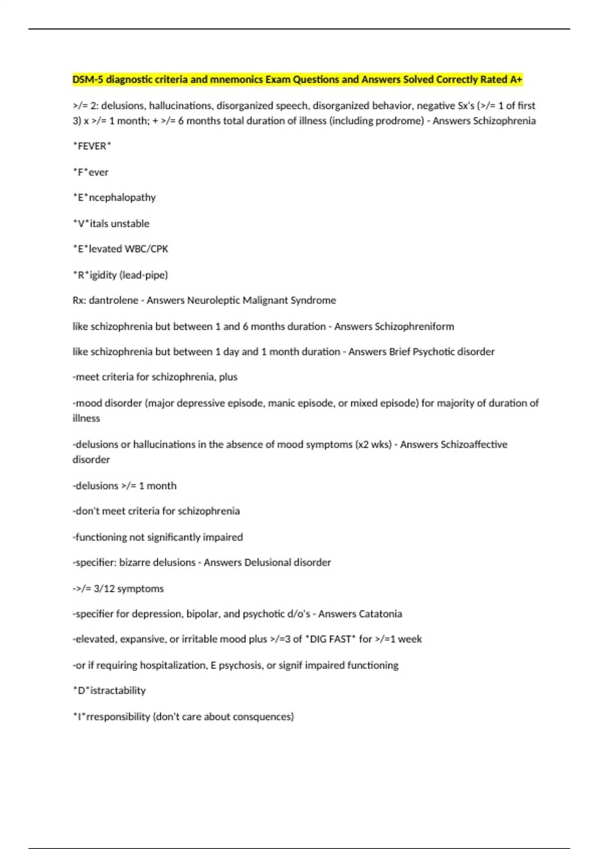 DSM-5 diagnostic criteria and mnemonics Exam Questions and Answers ...