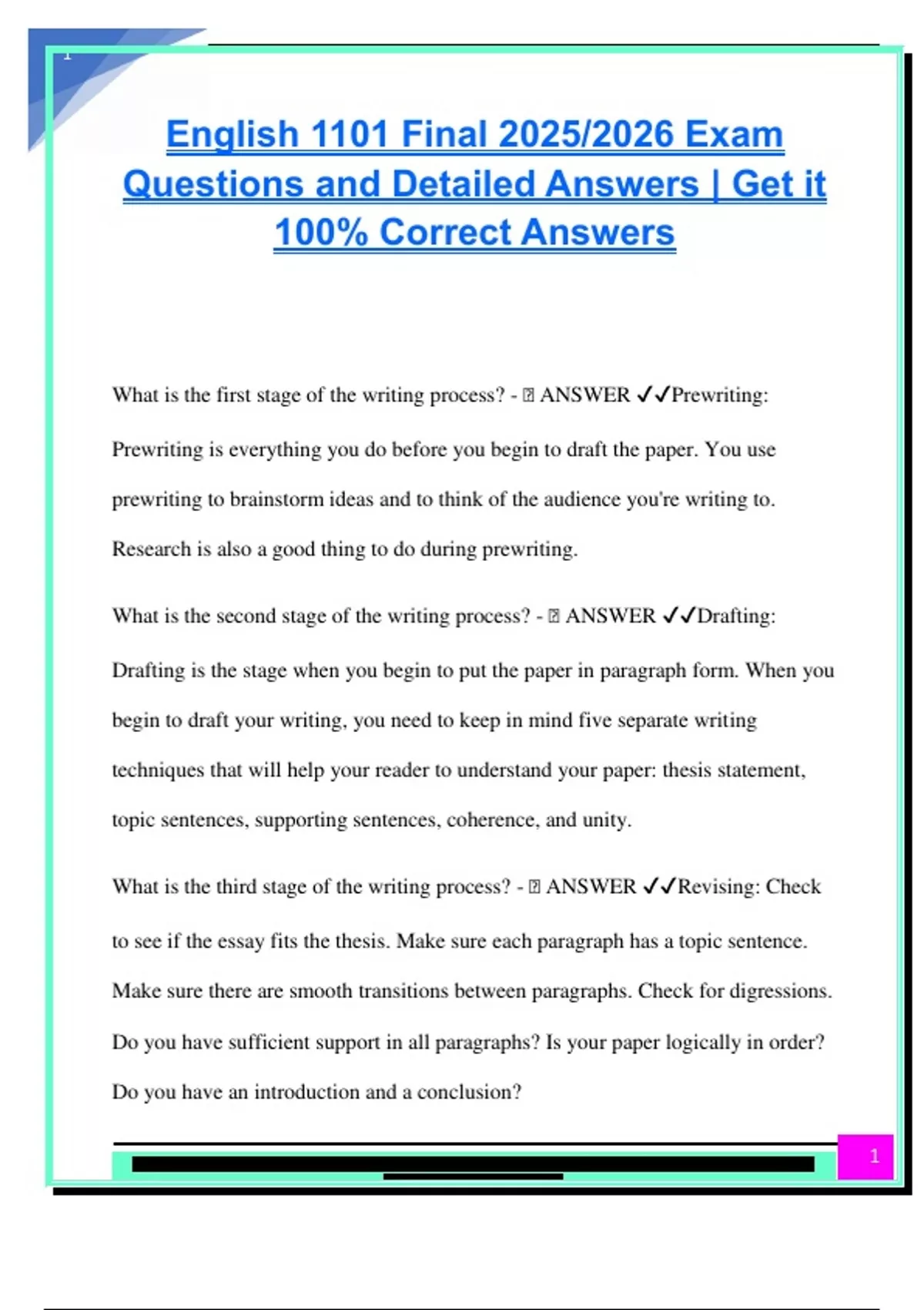 English 1101 Final Exam 2025/2026 – 60 Essential Questions on Writing Process, Rhetorical Modes ...
