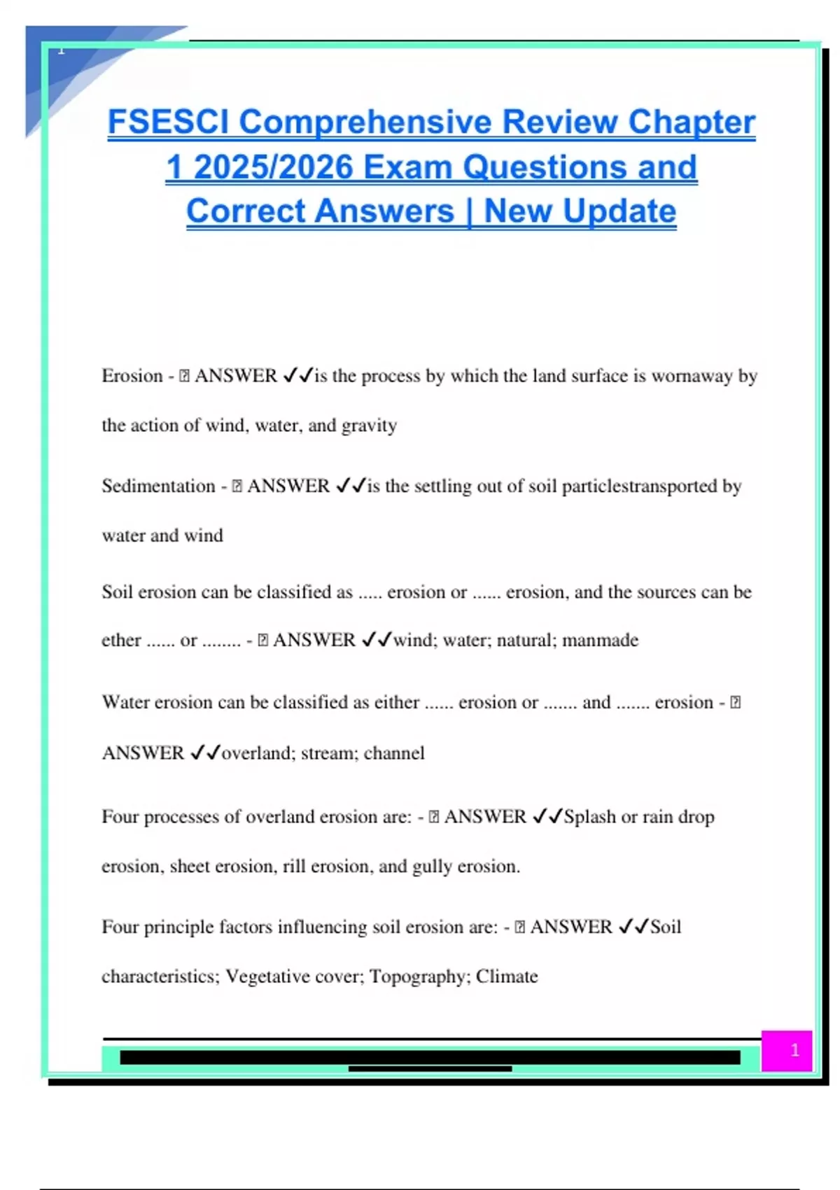 FSESCI Chapter 1 Review 2025/2026 – 25 Exam Questions on Soil Erosion ...