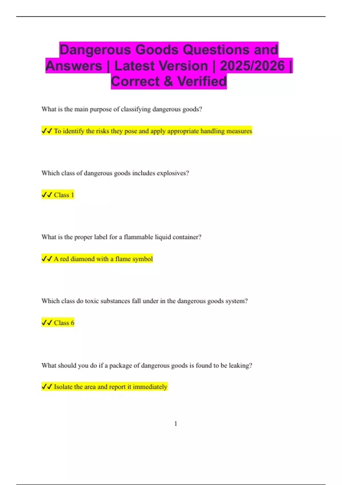 Dangerous Goods Questions and Answers | Latest Version | 2025/2026 ...