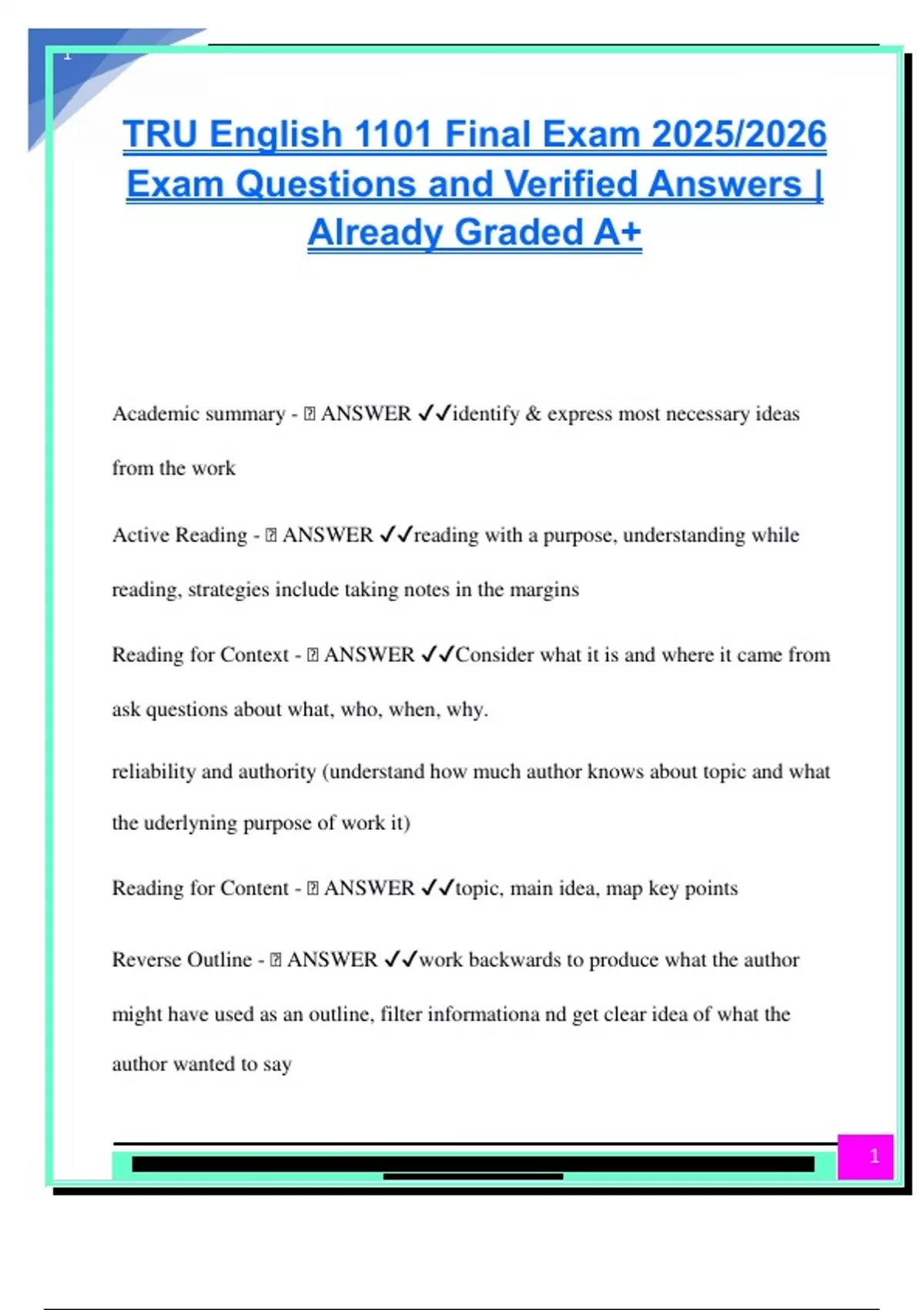 TRU English 1101 Final Exam 2025/2026 – 30+ Verified Questions ...