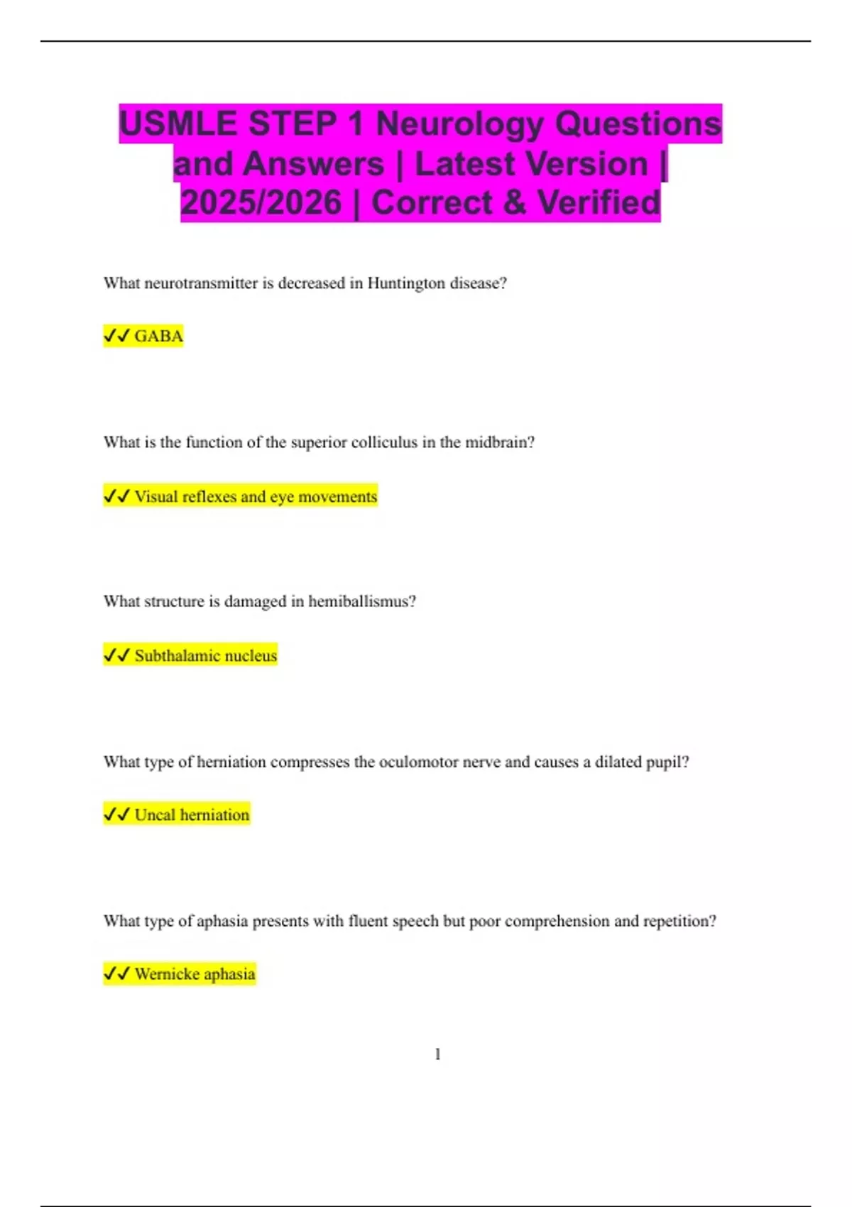 USMLE STEP 1 Neurology Questions and Answers | Latest Version | 2025/ ...