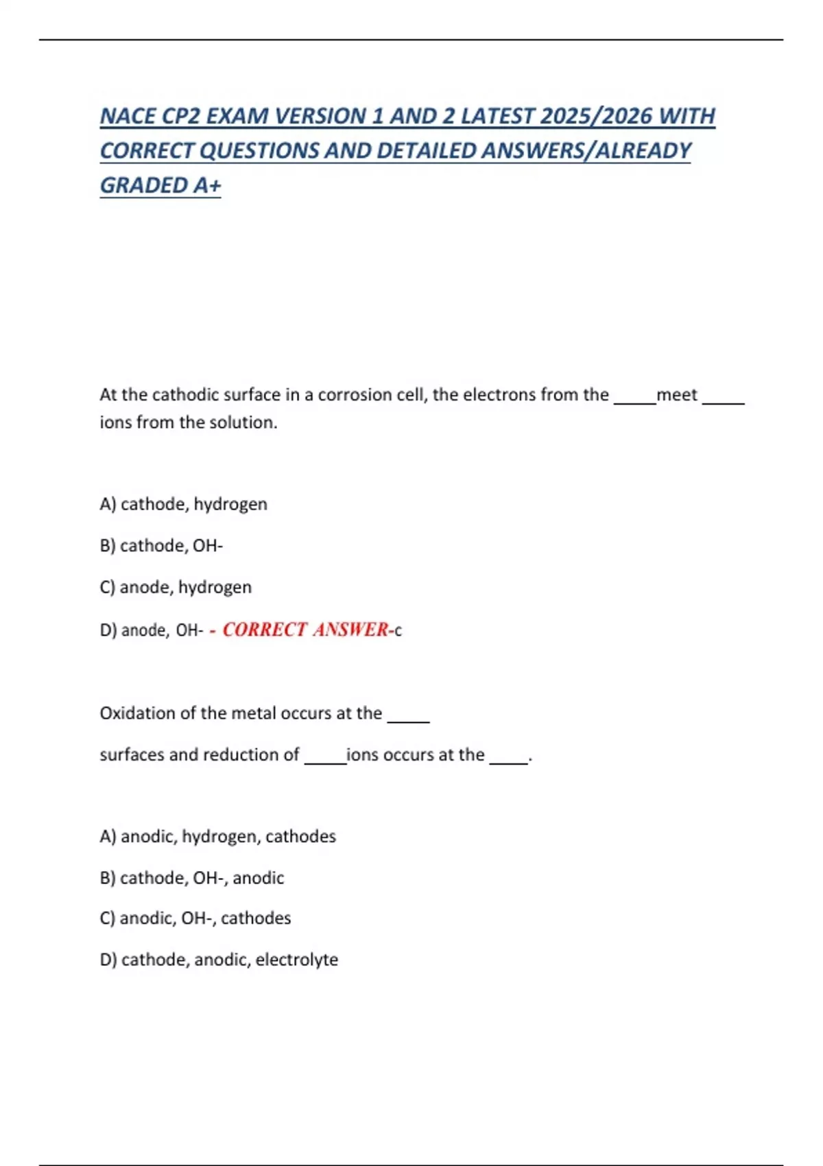 NACE CP2 Exam Version 1 & 2 – Latest 2025/2026 Editions with Correct ...