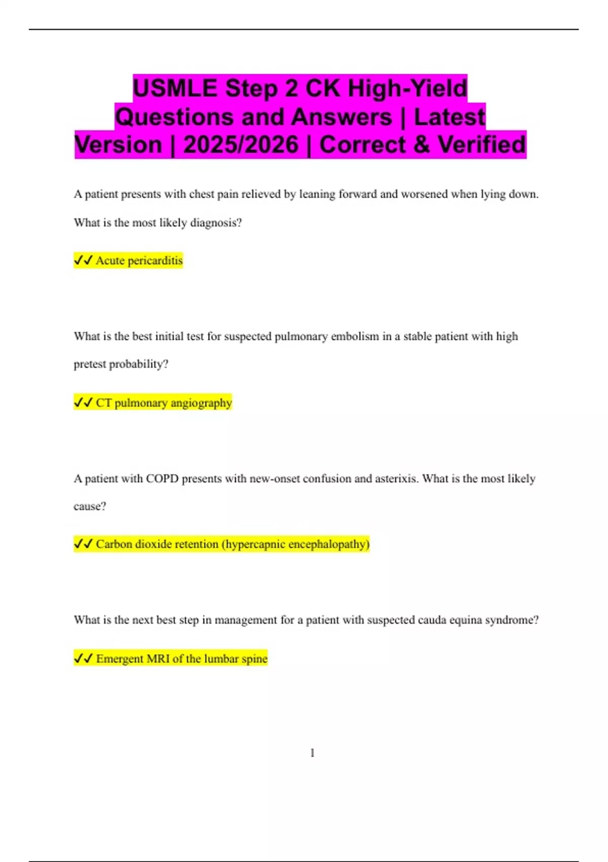 USMLE Step 2 CK High-Yield Questions and Answers | Latest Version ...