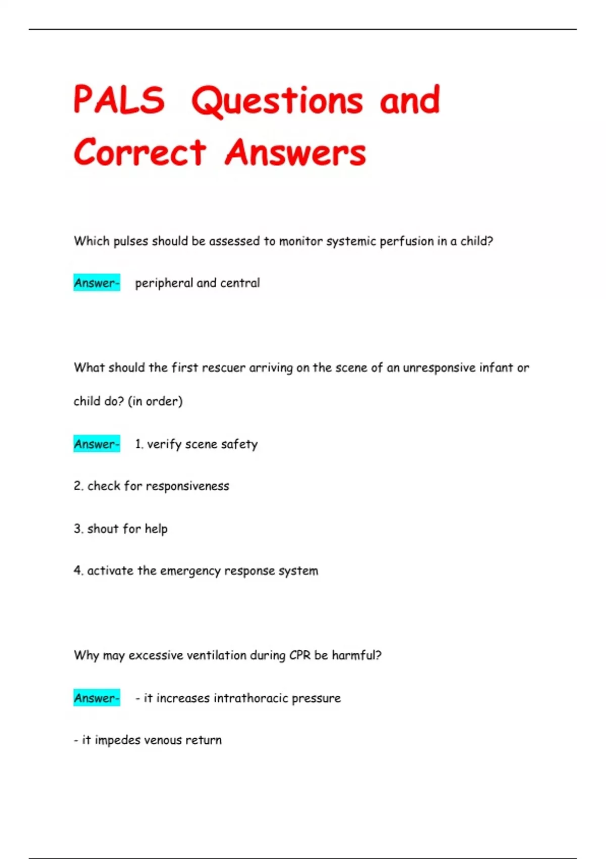 Pediatric Advanced Life Support (PALS) – Questions and Correct Answers ...