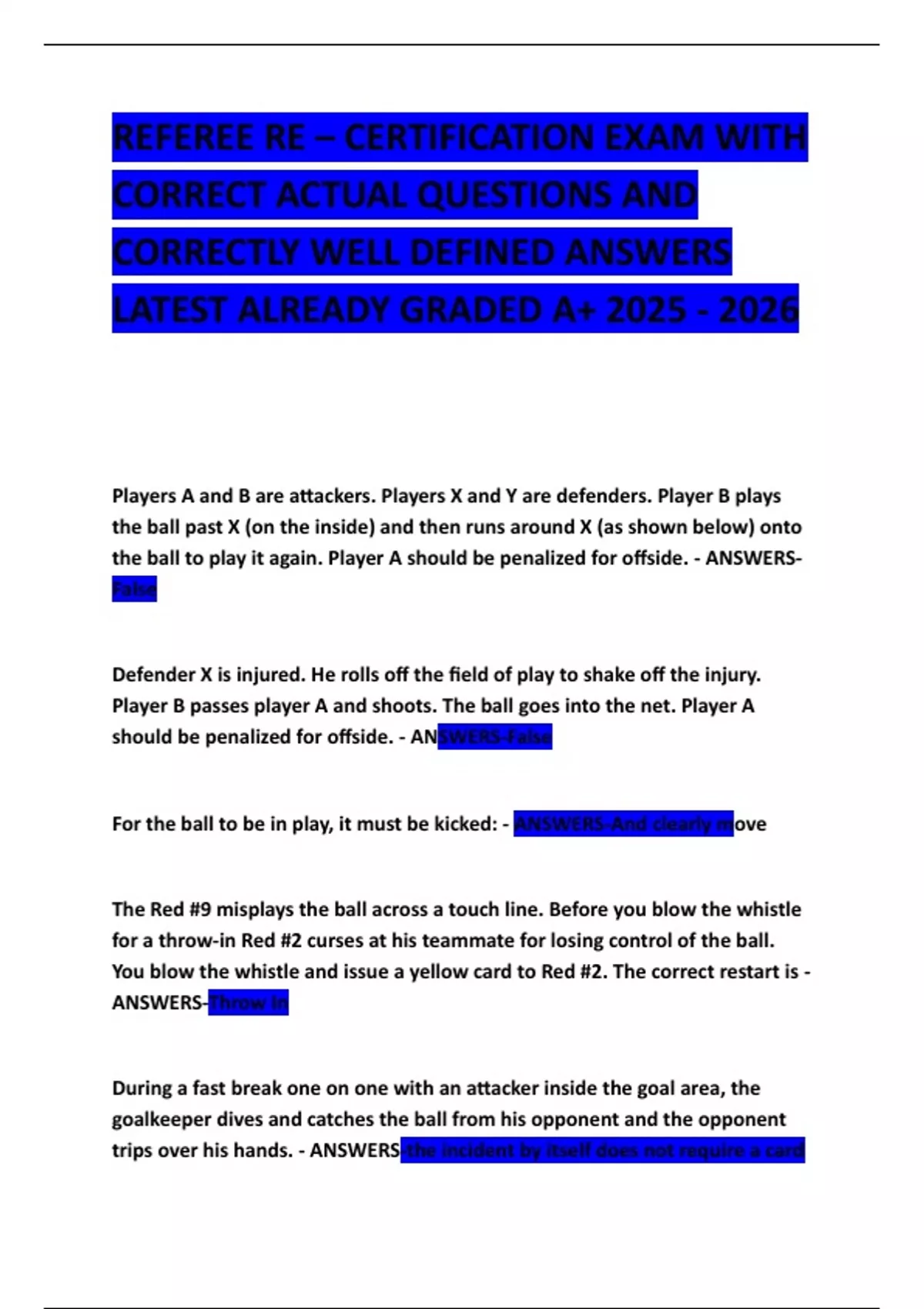 REFEREE RE – CERTIFICATION EXAM WITH CORRECT ACTUAL QUESTIONS AND ...