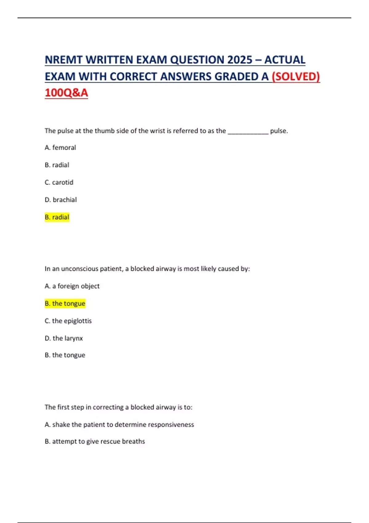 NREMT EMR WRITTEN EXAM QUESTION 2025 – ACTUAL EXAM WITH CORRECT ANSWERS ...