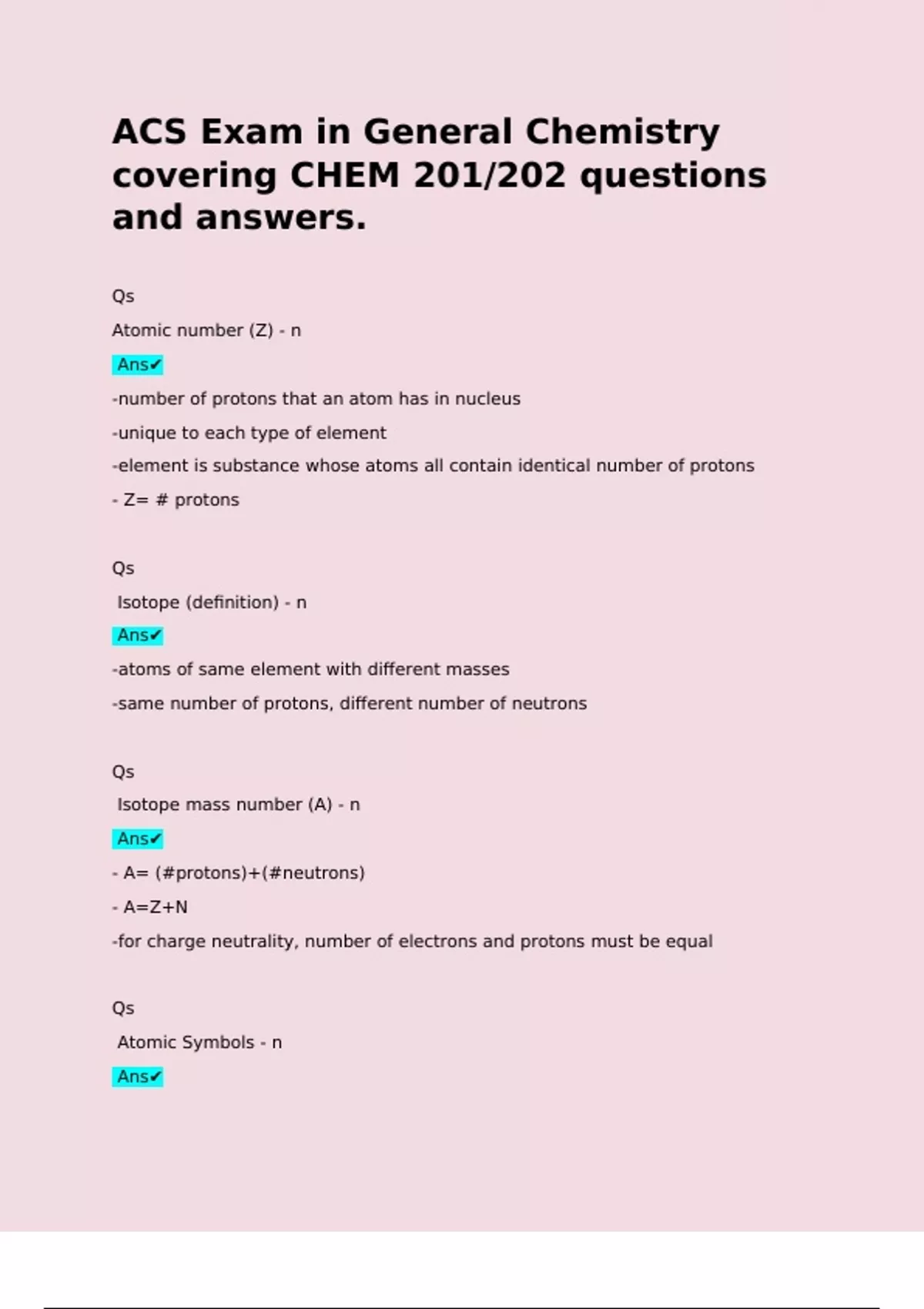 ACS Exam in General Chemistry covering CHEM 201/202 questions and ...