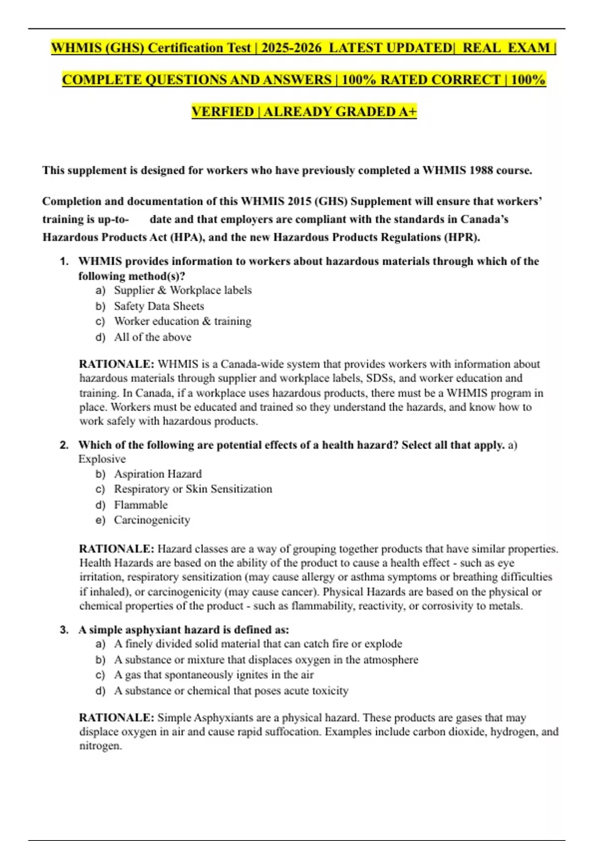 WHMIS (GHS) Certification Test | LATEST UPDATED| REAL EXAM | COMPLETE ...