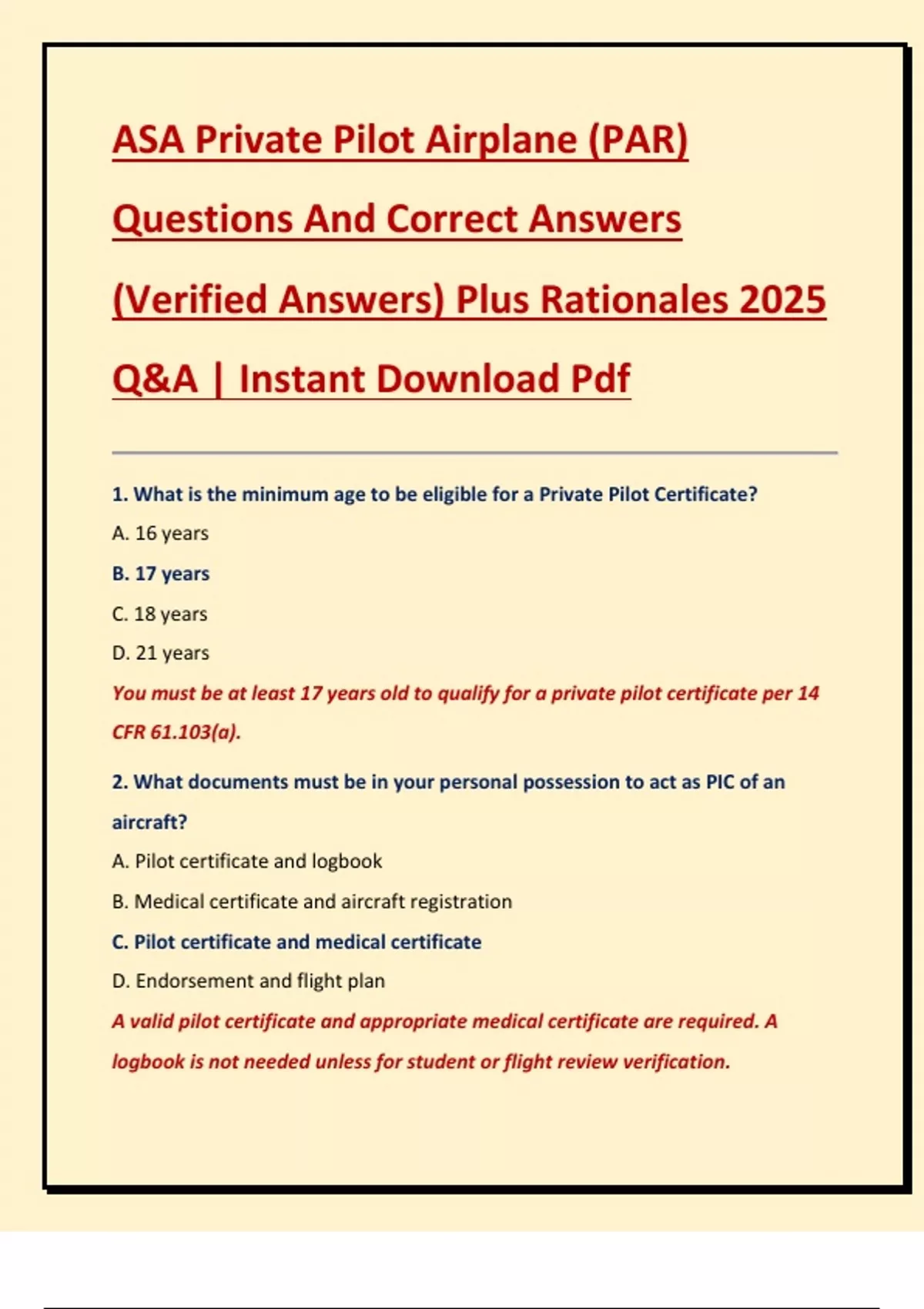 ASA Private Pilot Airplane (PAR) Questions And Correct Answers ...
