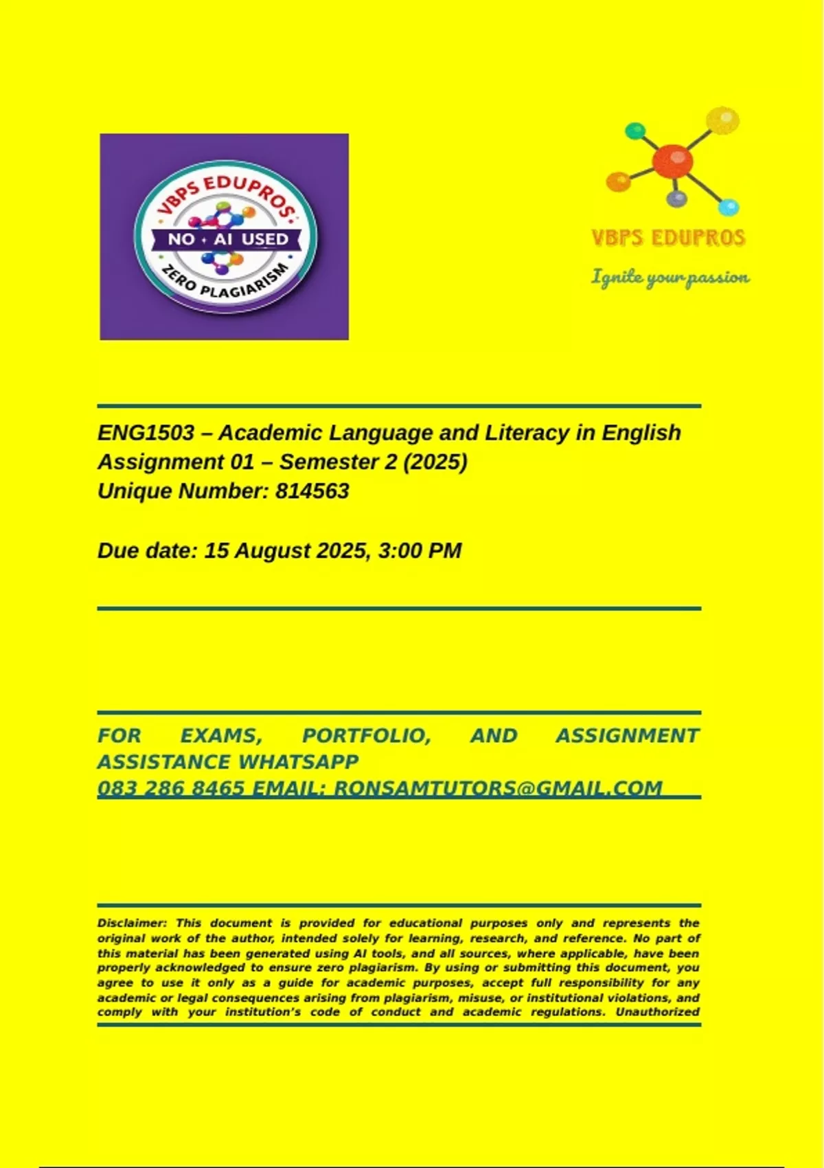 ENG1503 – Academic Language and Literacy in English (UNISA, 2025 ...