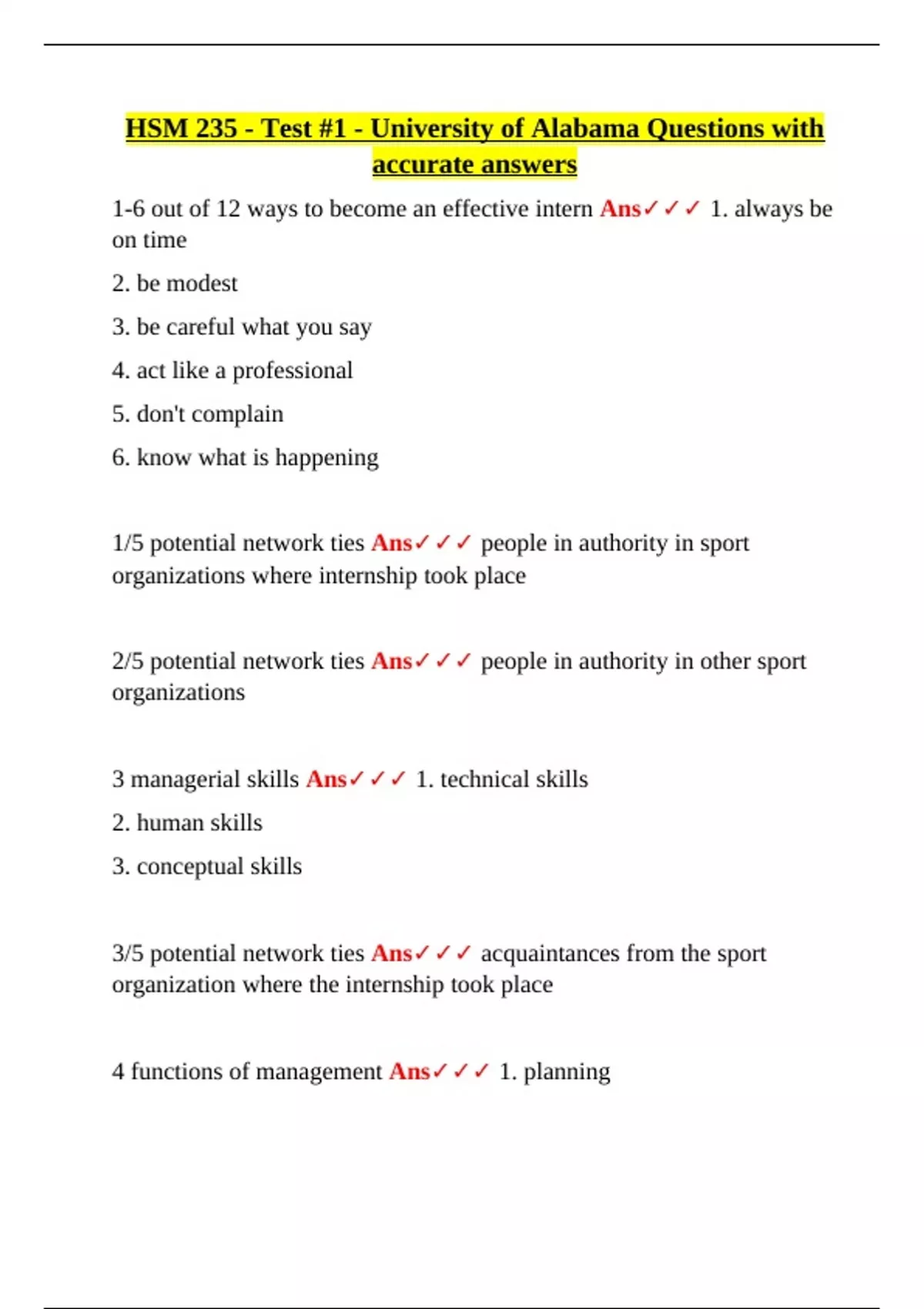 HSM 235 – Test #1 Questions with Accurate Answers | Sport Management ...