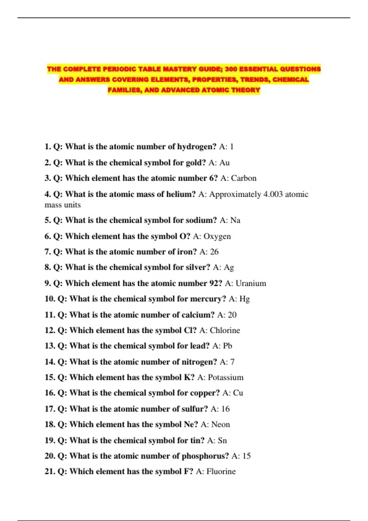 THE COMPLETE PERIODIC TABLE MASTERY GUIDE; 300 ESSENTIAL QUESTIONS AND ...