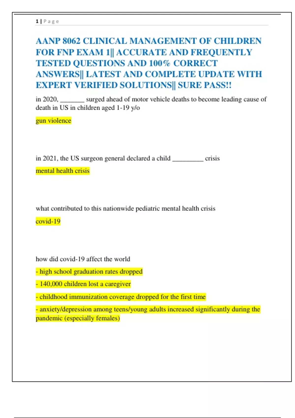 AANP 8062 CLINICAL MANAGEMENT OF CHILDREN FOR FNP EXAM 1|| ACCURATE AND ...