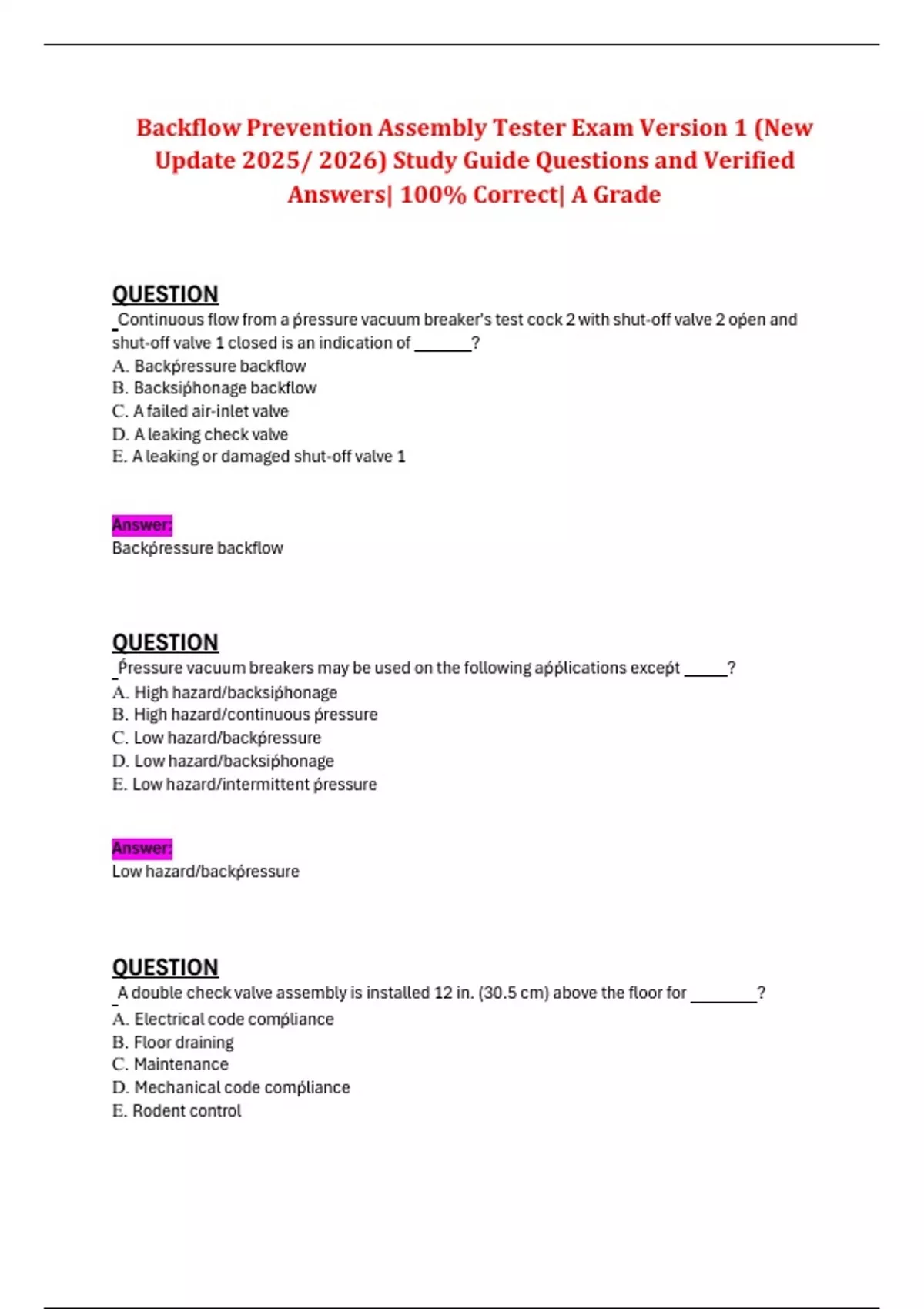 Backflow Prevention Assembly Tester Exam Version 1 (New Update 2025/ ...