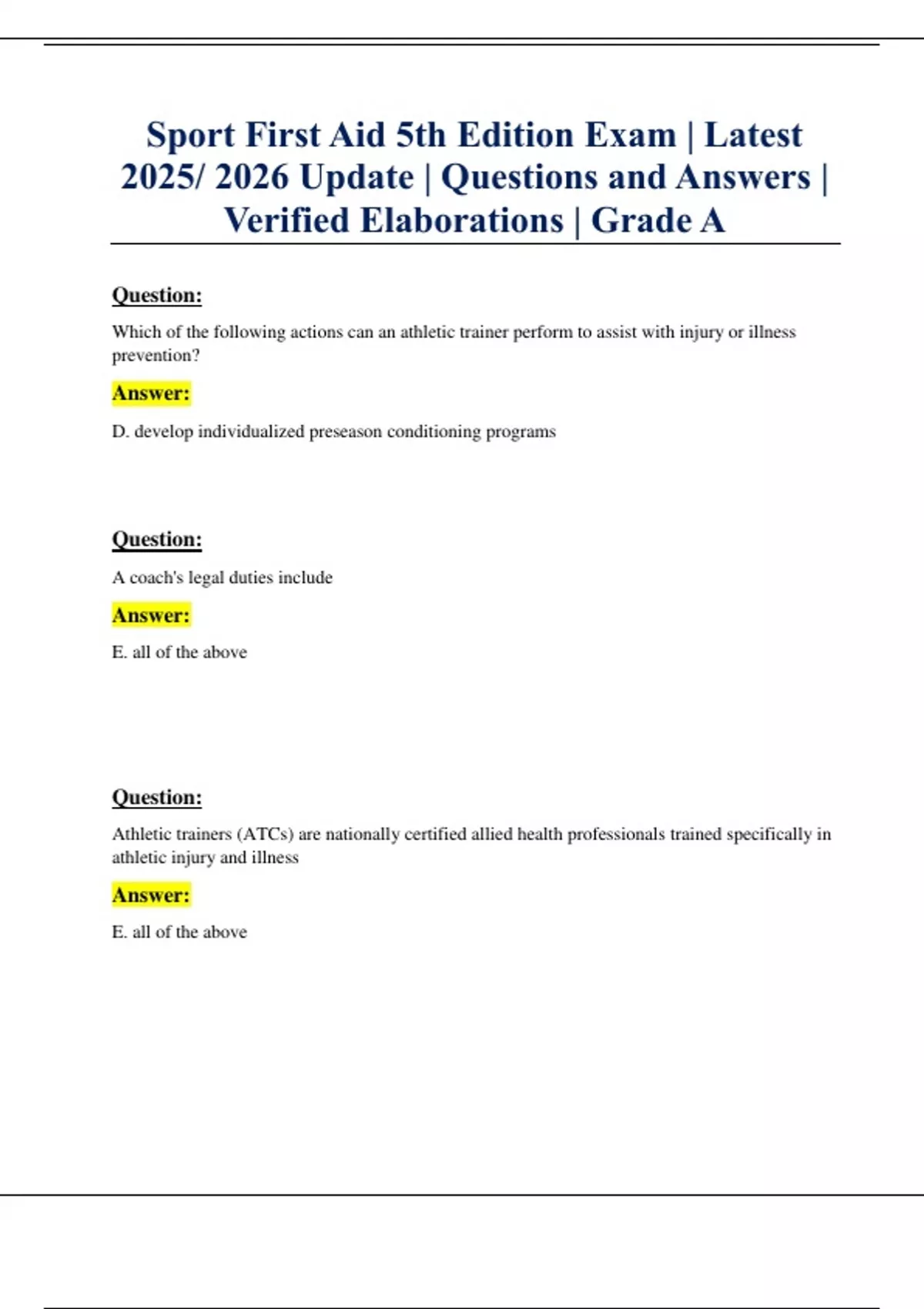 Sport First Aid 5th Edition Exam | Latest 2025/ 2026 Update | Questions ...