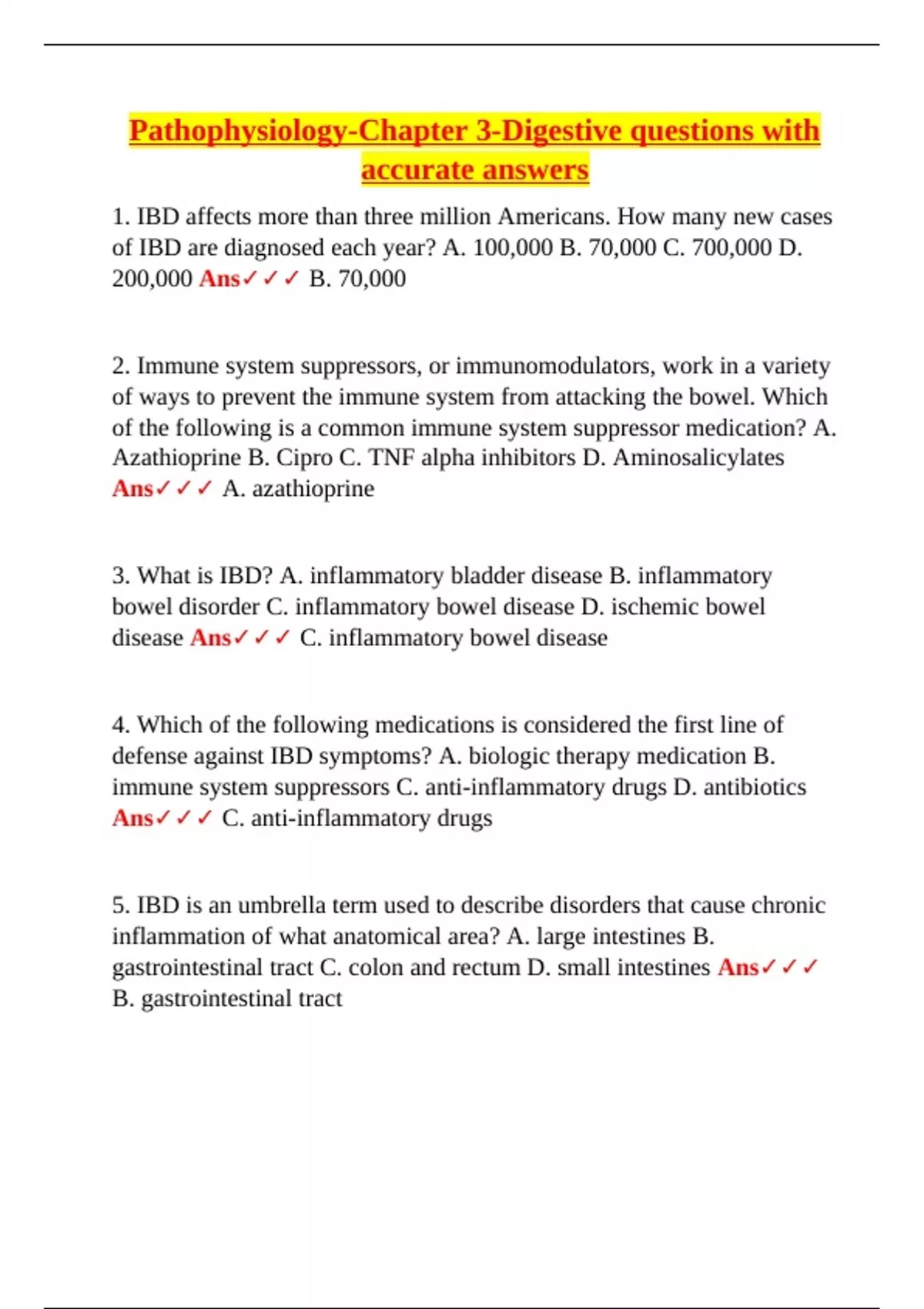 Pathophysiology – Chapter 3 Digestive Disorders Quiz with Accurate ...