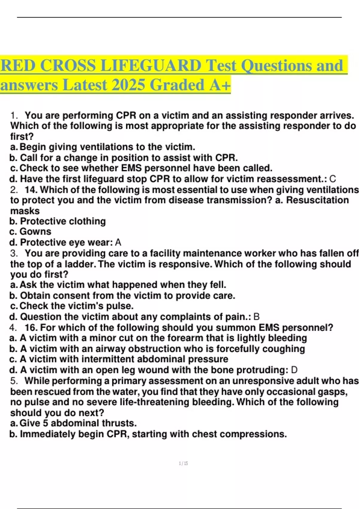 RED CROSS LIFEGUARD Test Questions and answers Latest 2025 Graded A+ ...