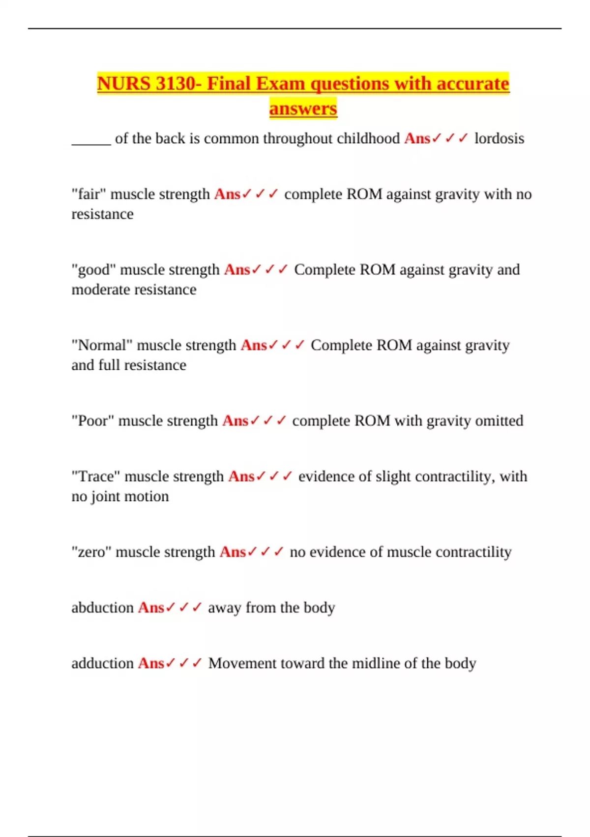 NURS 3132 – Final Exam Review with Accurate Answers | Cranial Nerves ...