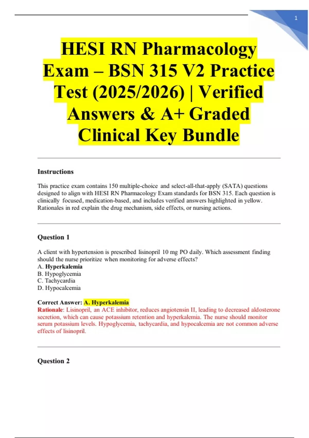 HESI RN Pharmacology Exam – BSN 315 V2 Practice Test (2025/2026 ...