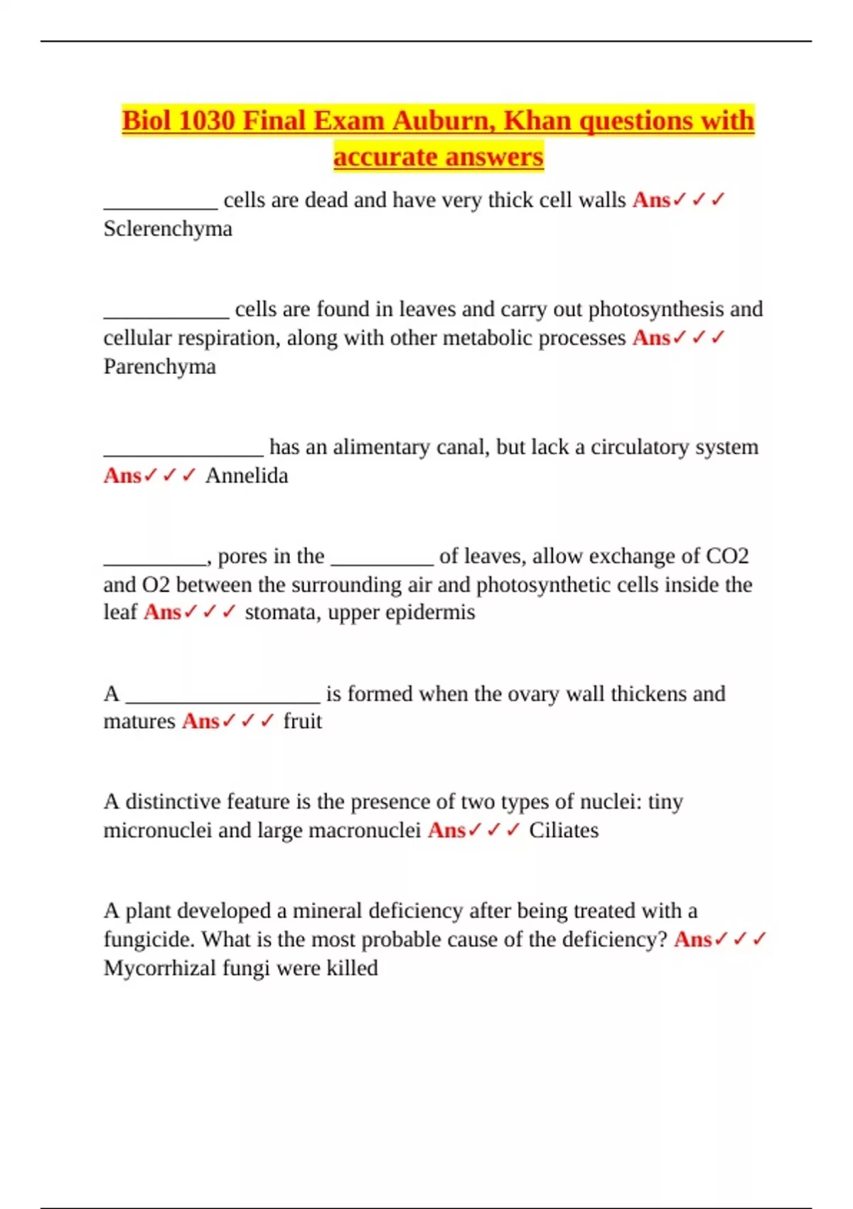 BIOL 1030 – Final Exam Questions with Accurate Answers | Auburn ...