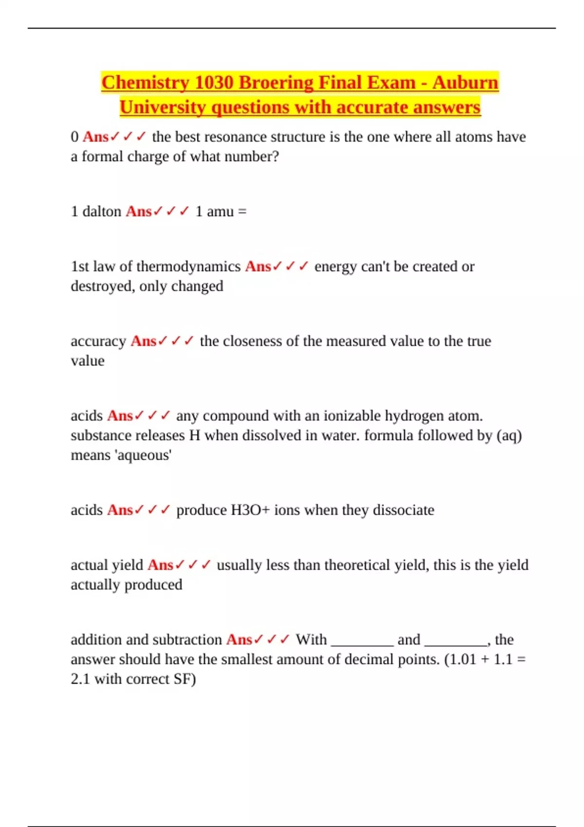 CHEM 1030 – Final Exam Study Guide with Accurate Answers | Auburn University | Broering Section ...