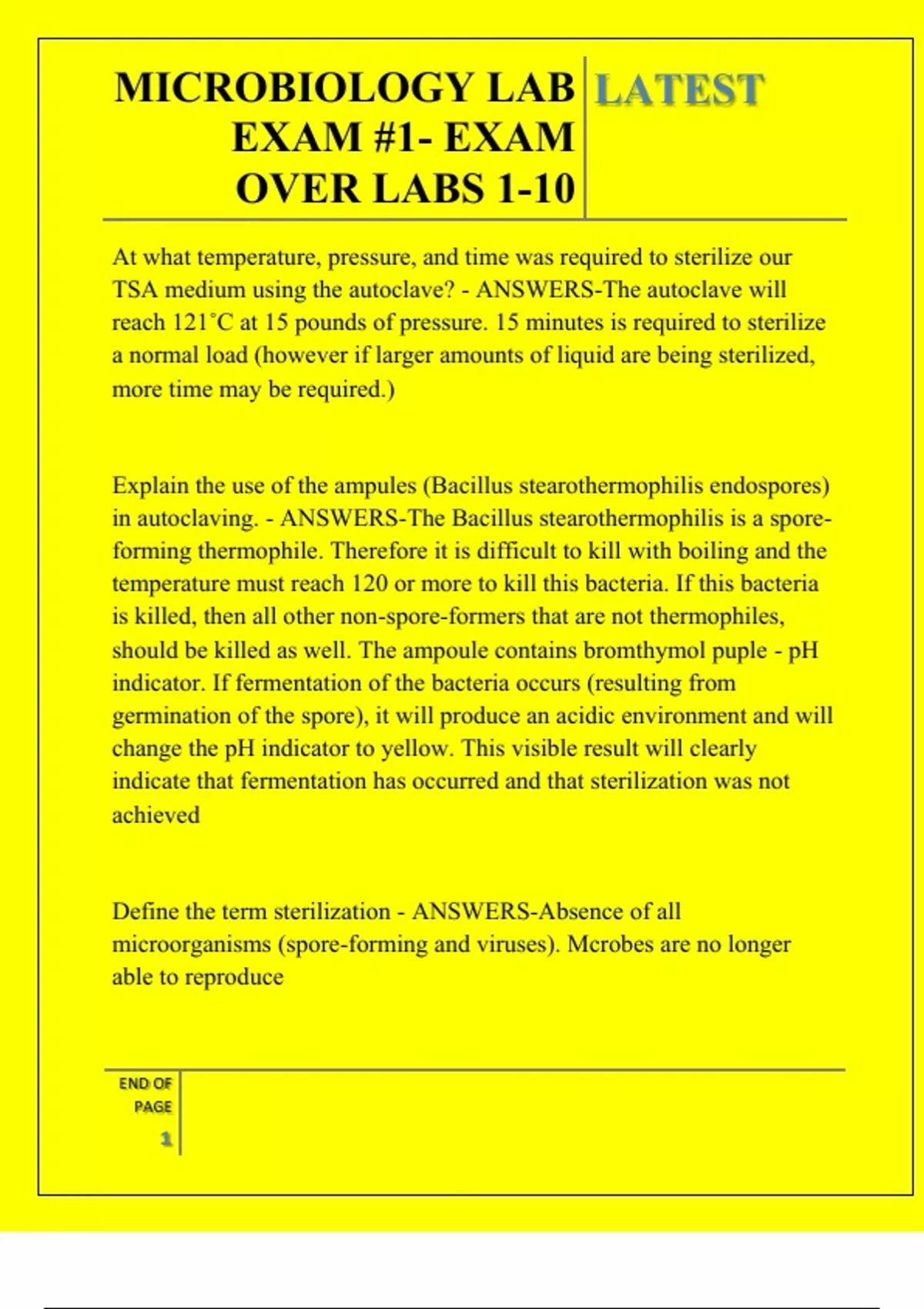 MICROBIOLOGY LAB EXAM #1- EXAM OVER LABS 1-10 QUESTIONS AND ANSWERS ...