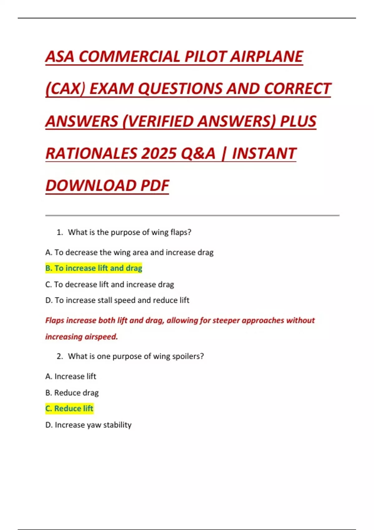 ASA COMMERCIAL PILOT AIRPLANE (CAX) EXAM QUESTIONS AND CORRECT ANSWERS ...