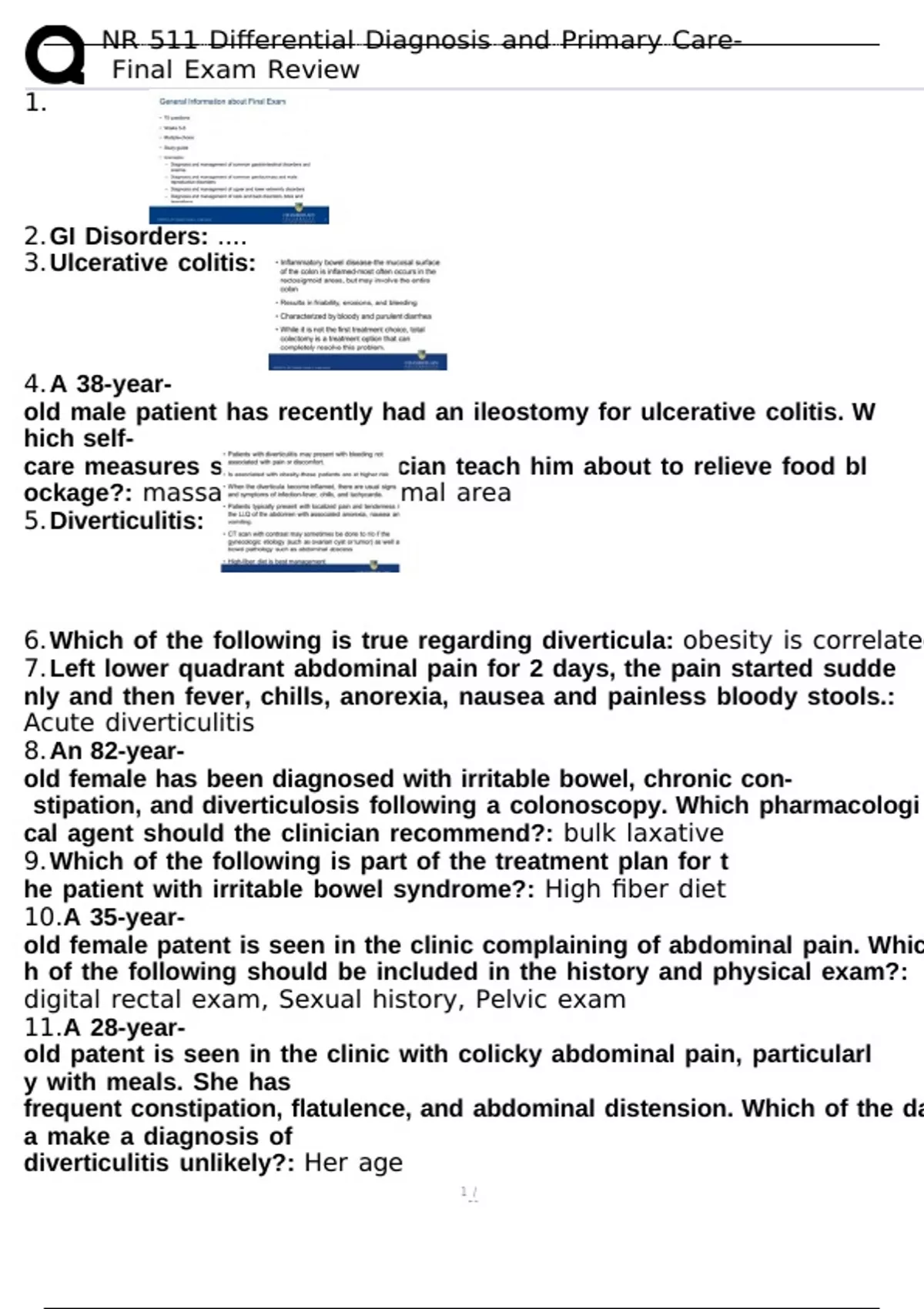 NR 511 Diferential Diagnosis and Primary Care- Final Exam Review - NURS ...