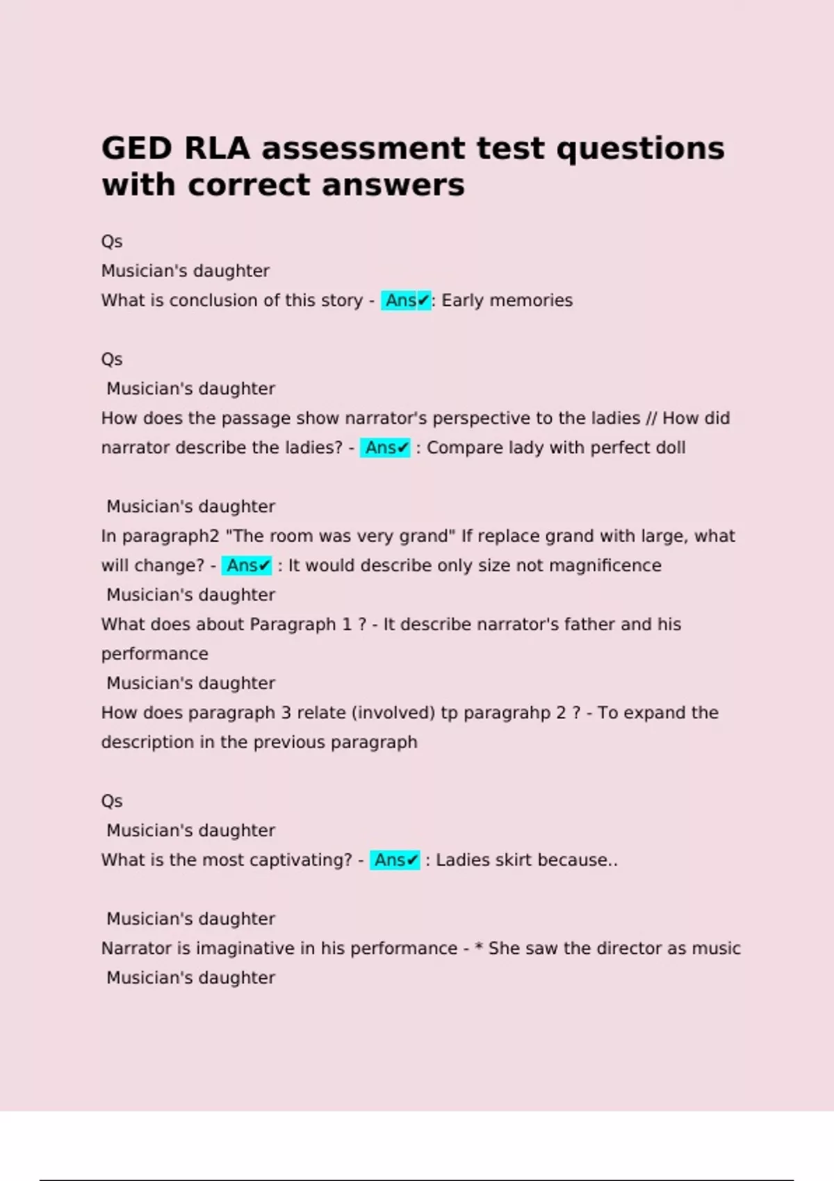 GED RLA assessment test questions with correct answers Qs Musician's ...