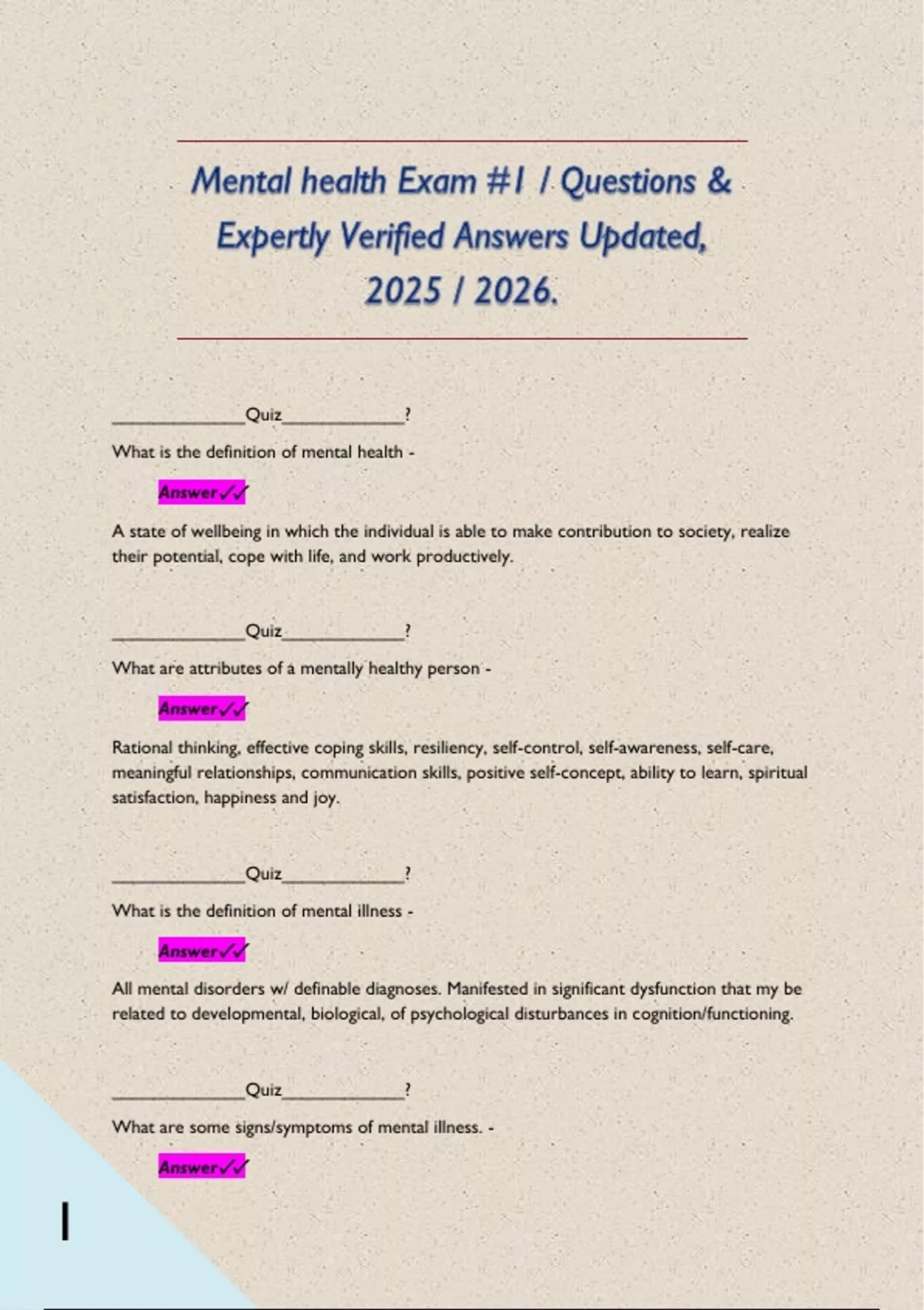 Mental health Exam #1 / Questions & Expertly Verified Answers Updated ...