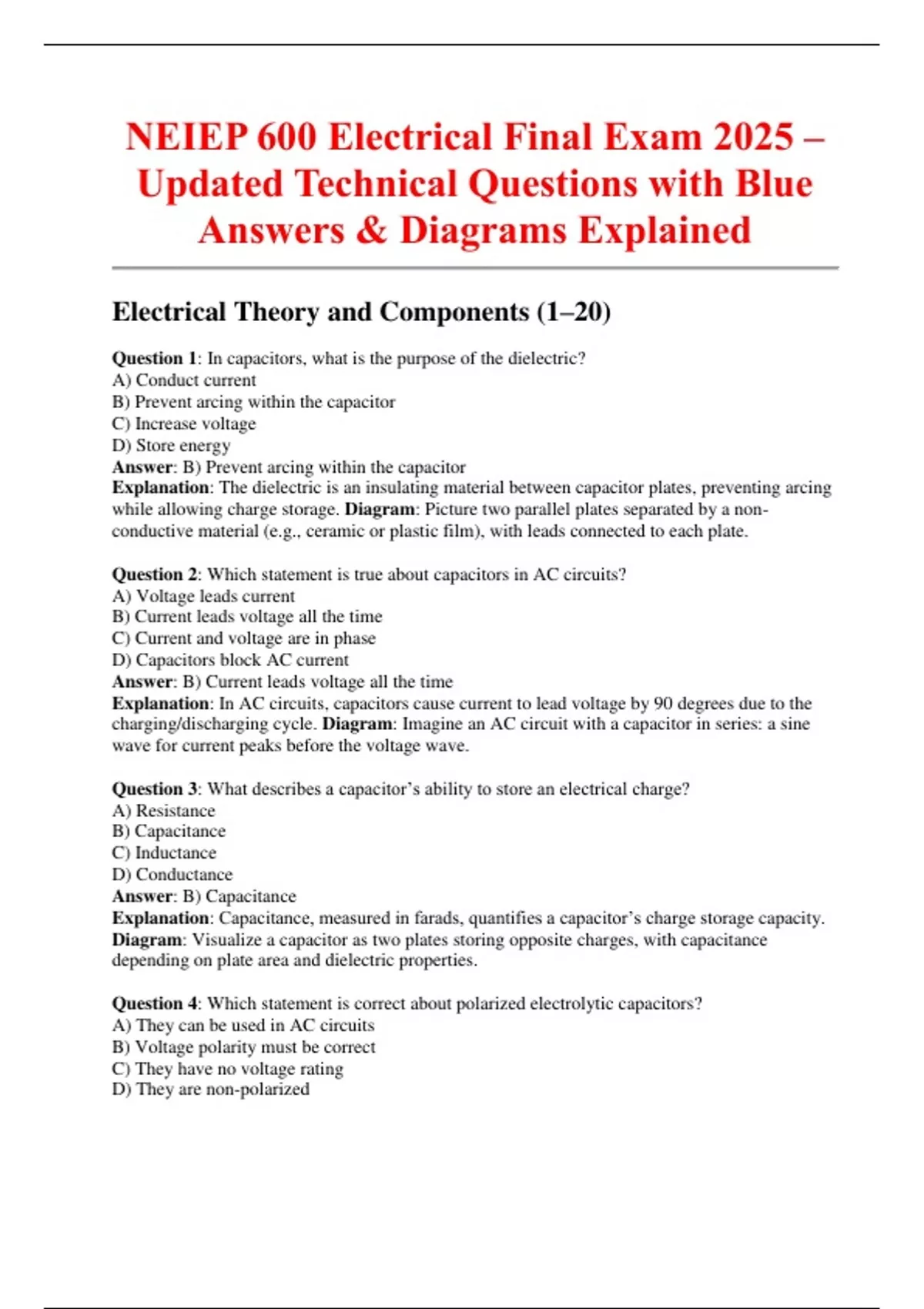 NEIEP 600 Electrical Final Exam 2025 – Updated Technical Questions with Blue Answers & Diagrams ...
