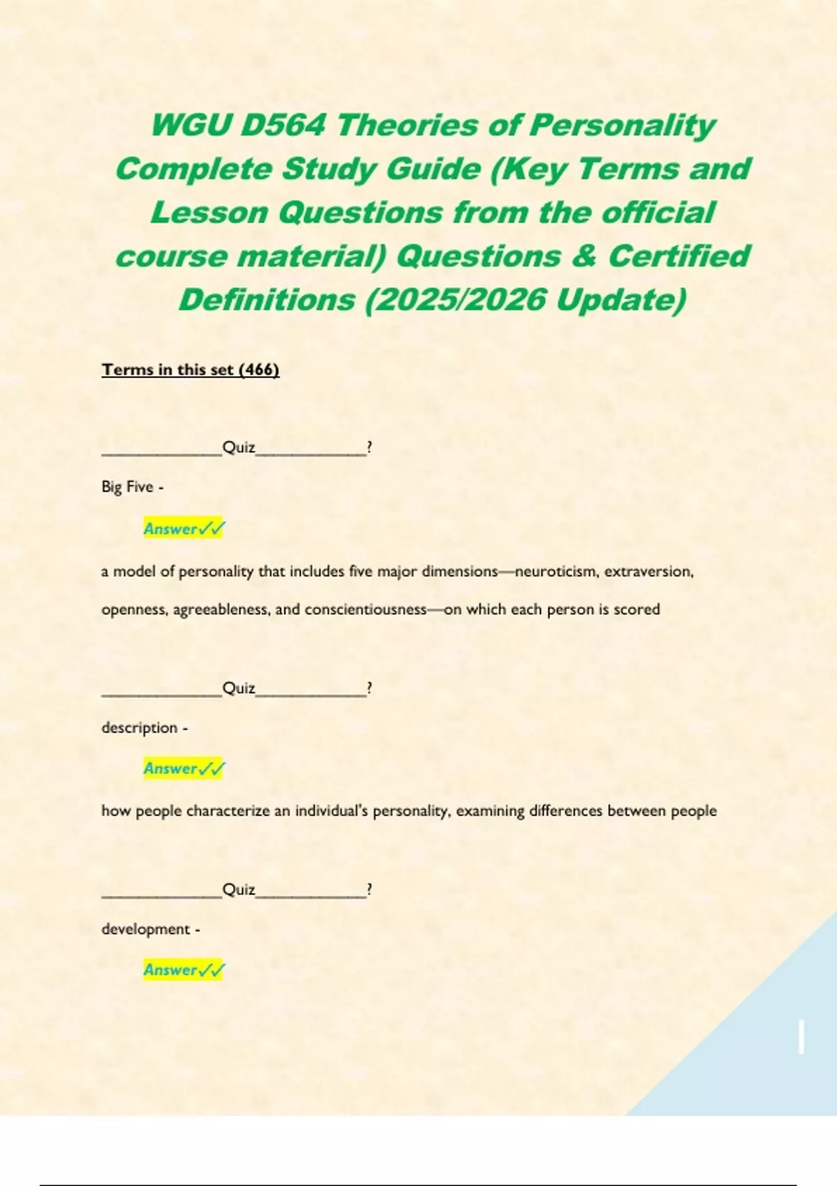 WGU D564 Final Exam (Latest Update 2025 / 2026) Theories of Personality ...