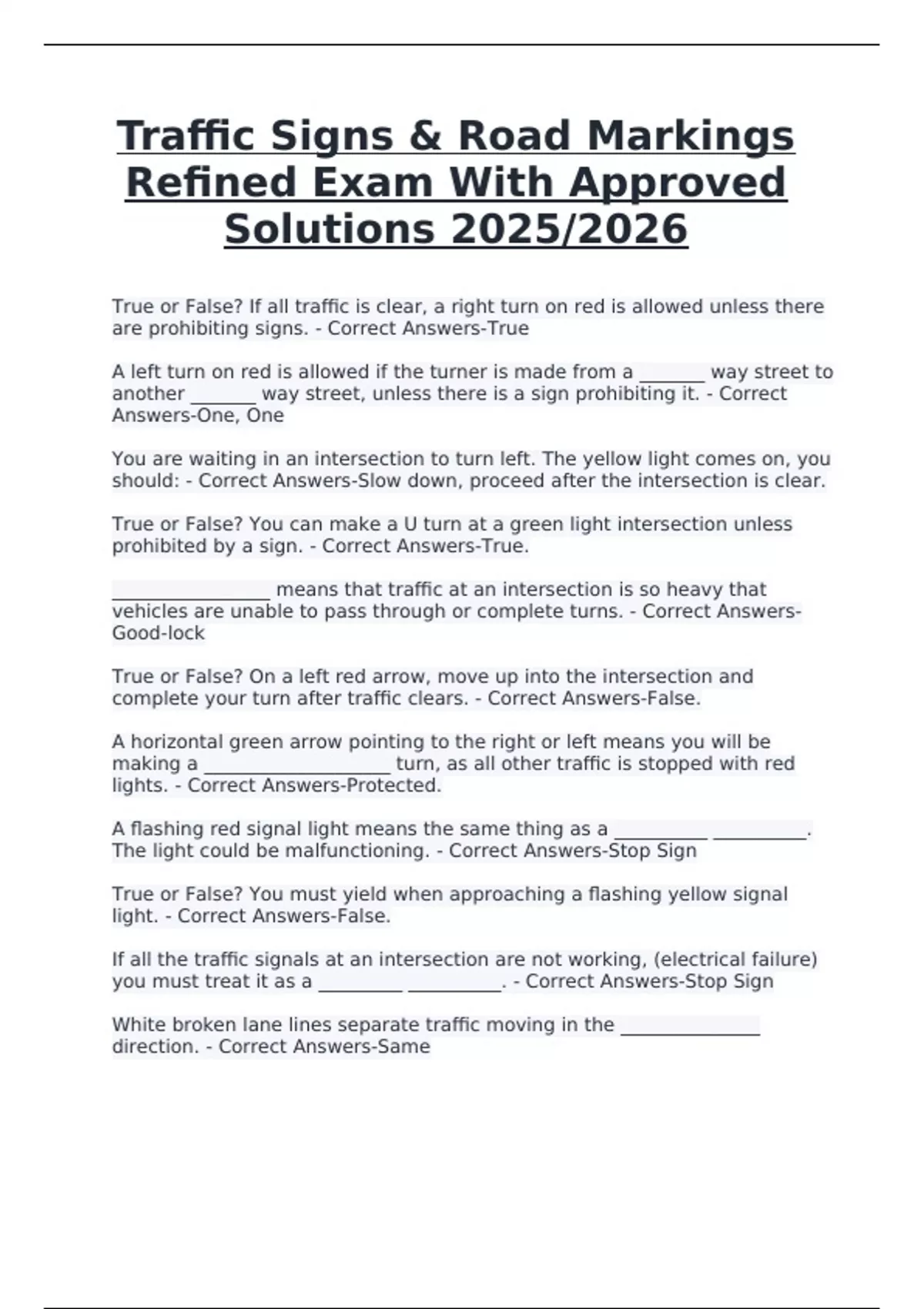 Traffic Signs & Road Markings – Refined Exam with Approved Solutions ...